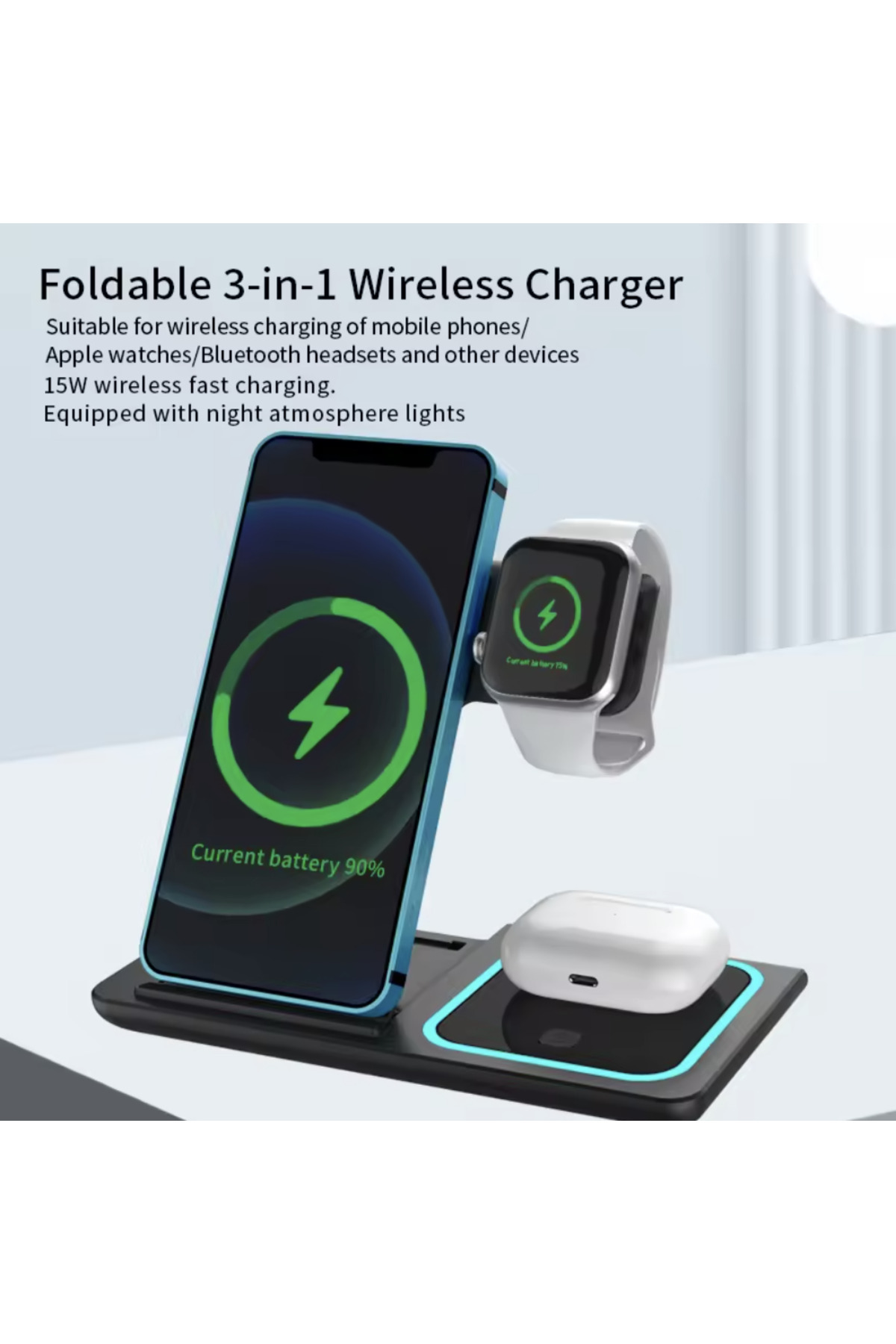 SJ 3-in-1 Wireless Charging Stand for Apple Watch, Phone, and Earbuds ...