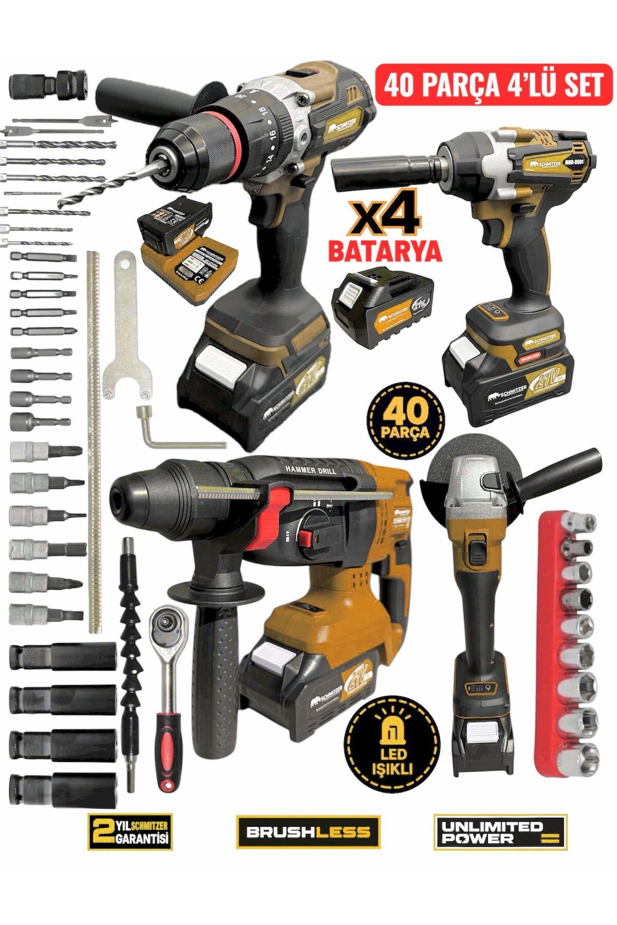 SCHMITZER Profesyonel 4’lü Set 21 V 40 Parça Şarjlı Akülü 3 Modlu Hilti ...