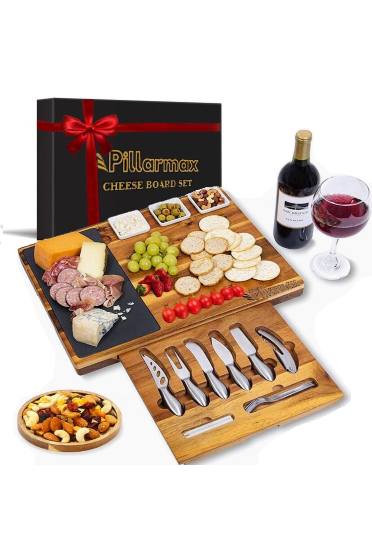 Pillarmax Extra Large Acacia Wood Cheese Board Set with Cutlery Serving ...