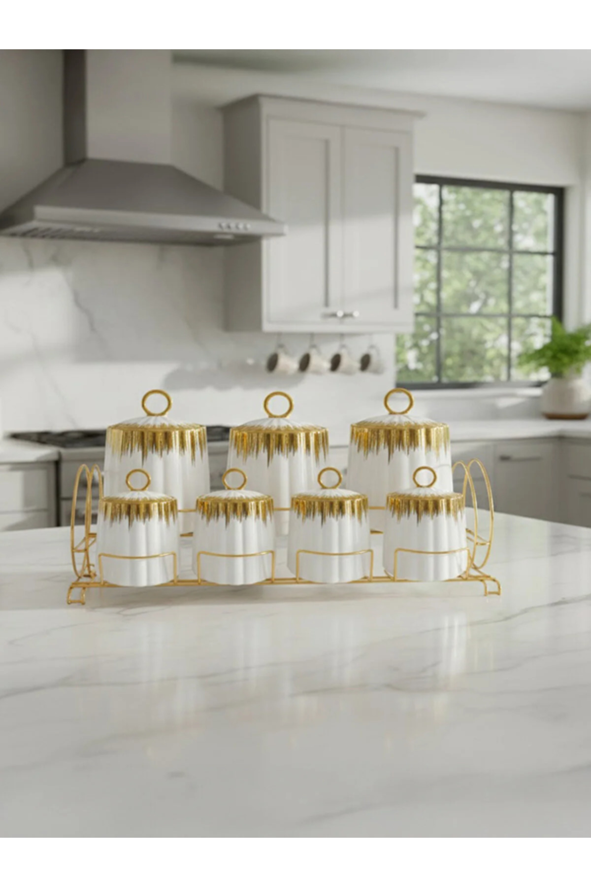 Tasarım Evi Enzo Gold Detaylı Metal Standlı 7'li Porselen Baharat ...