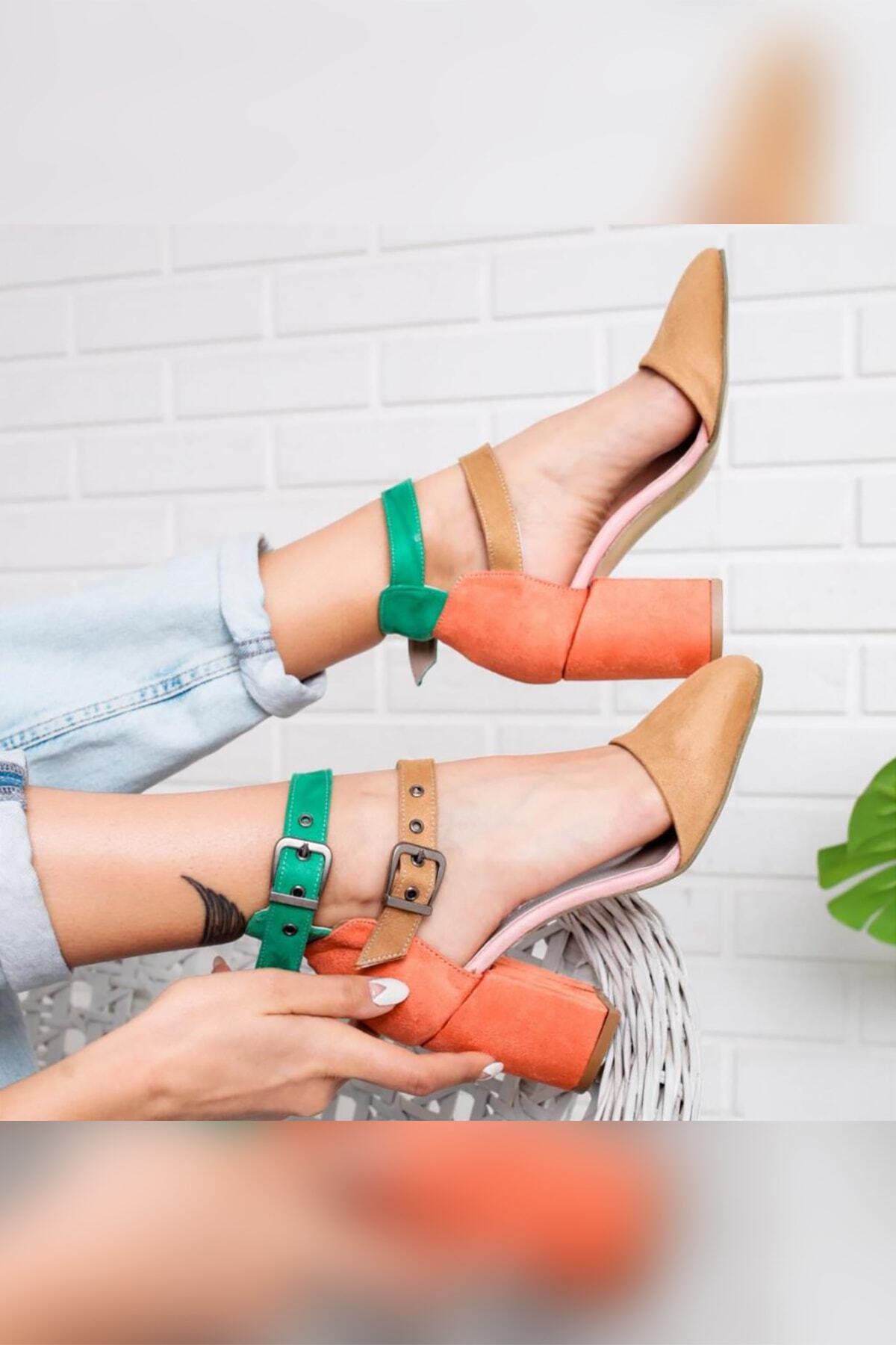 Limoya Mallory Kum Portakal Yeşil Süet Çift Tokalı Kalın Topuklu