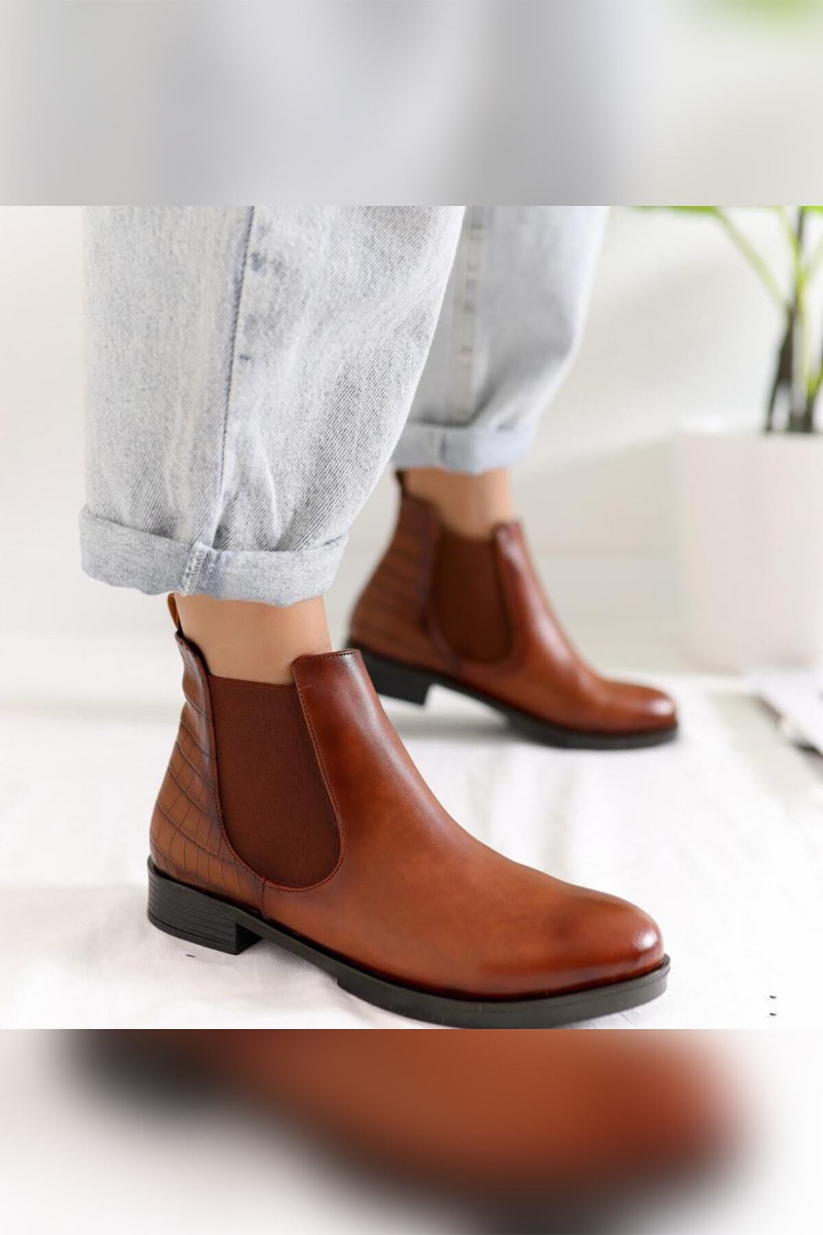 Limoya Makena Taba Lastikli Kroko Detaylı Düz Bootie Limoya Makena Taba Lastikli Kroko Detaylı Düz Bootie