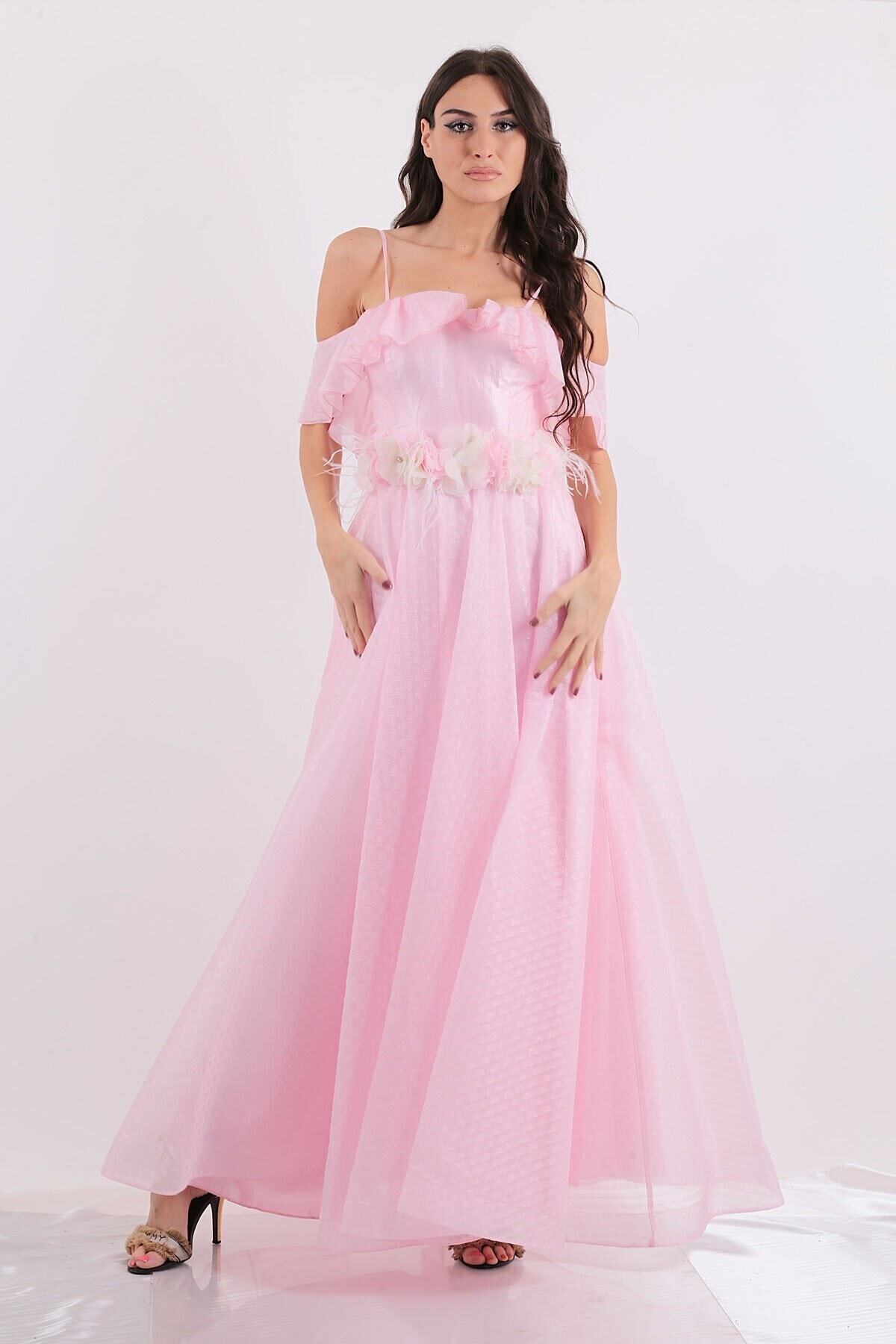 Mileny Elb 9013-3 Çiçek Ve Tüy Detay Kabarık Etek Uzun Abiye Elbise ...