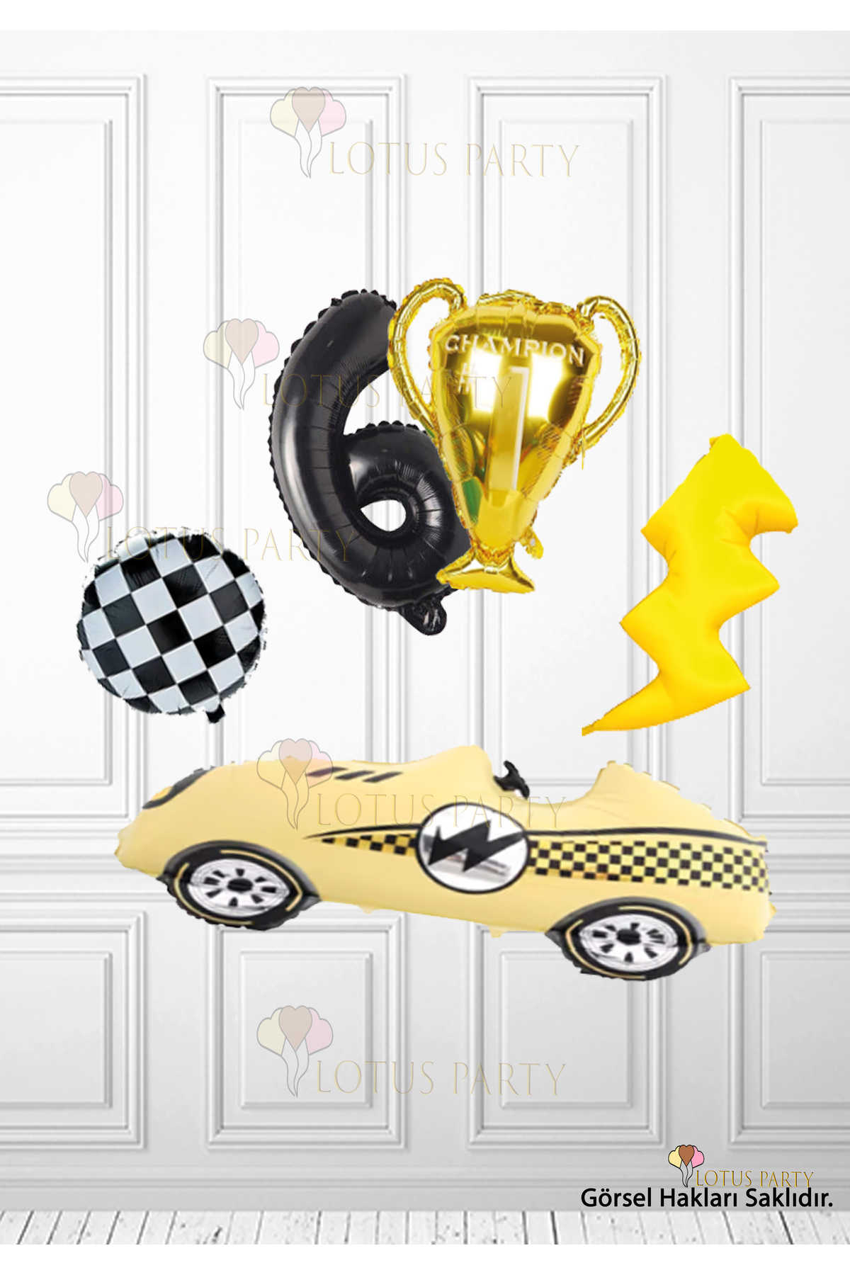 LOTUS PARTY Sarı Retro Yarış Araba Balon - Kupa Balon Dama Balon Şimşek ...
