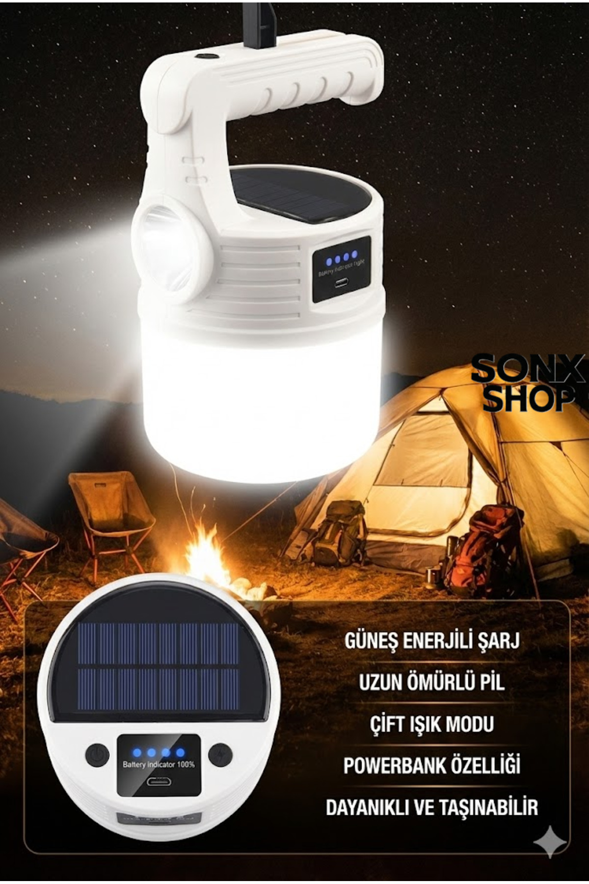 sonx 2000 Lümen Süper Parlak LED Güneş Enerjili Kamp Lambası ve El ...