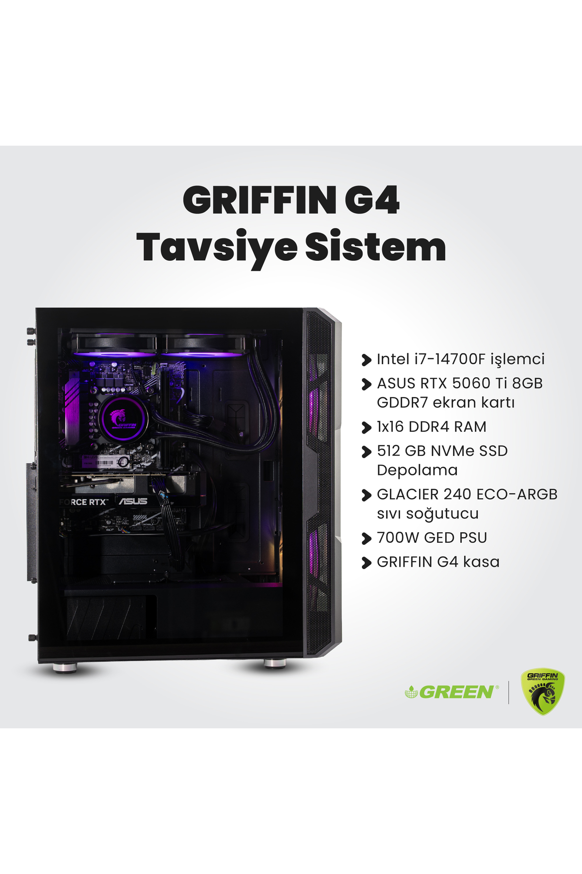 Green GRIFFIN G4 | RTX 5060TI Gaming PC | Intel i7-14700F | 16GB Ram ...