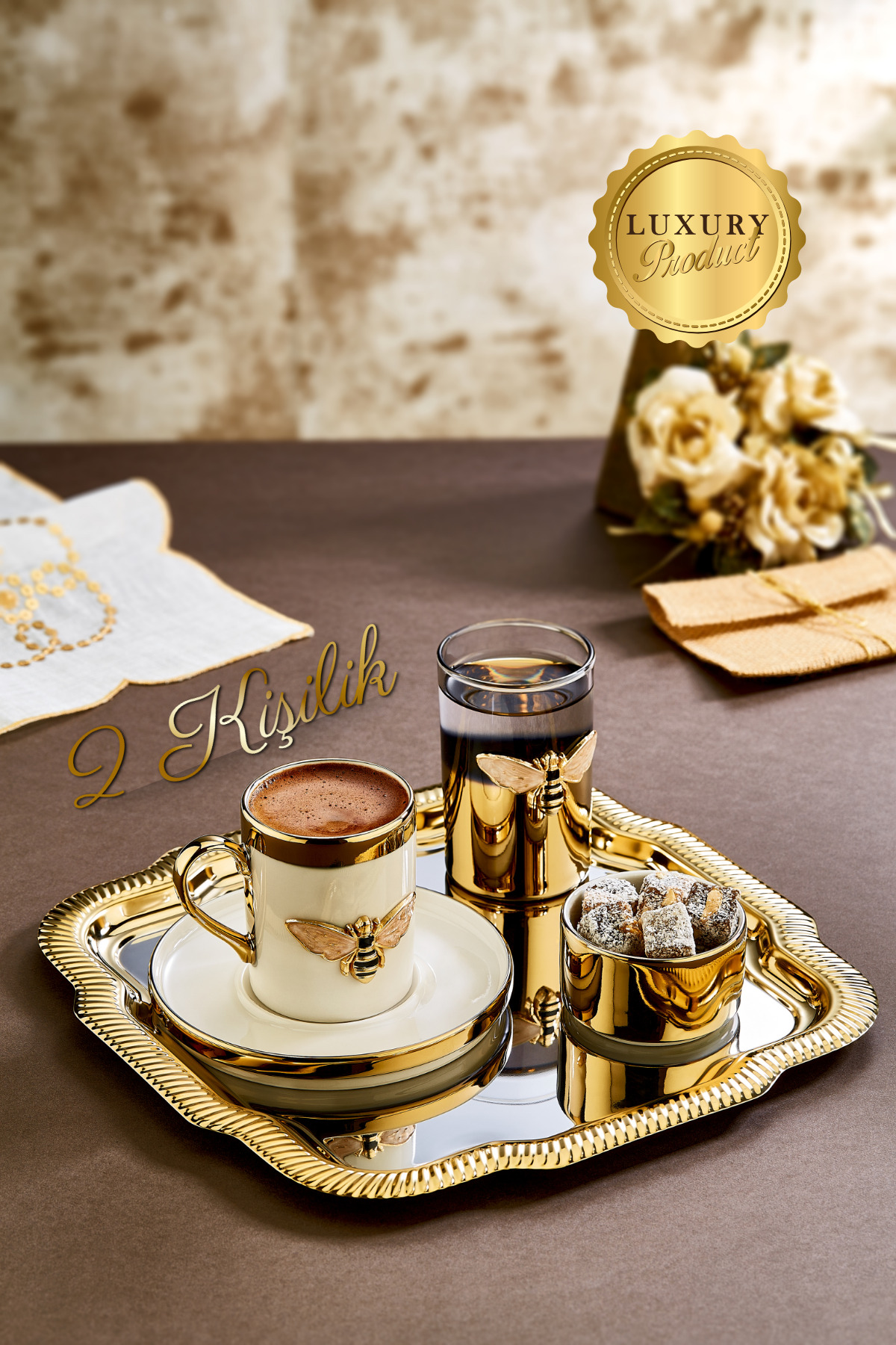 GRİMOR Life 2 Kişilik Tepsili Gold Porselen Sedefli Arı Detaylı Fincan ...