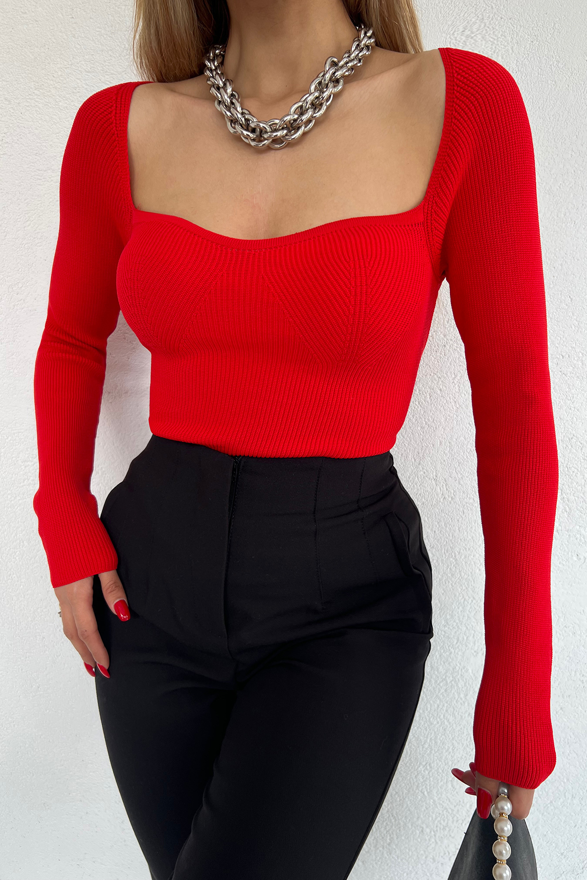 MODAMERSİ Women's Red Heart Collar Knitwear Sweater- Trendyol