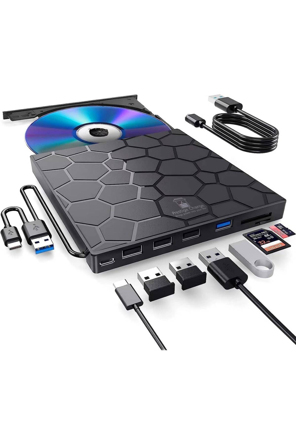 PRESTIGE CHARGE Hub USB cu DVD Writer extern 8 în 1, CD/DVD ±RW, USB-C ...