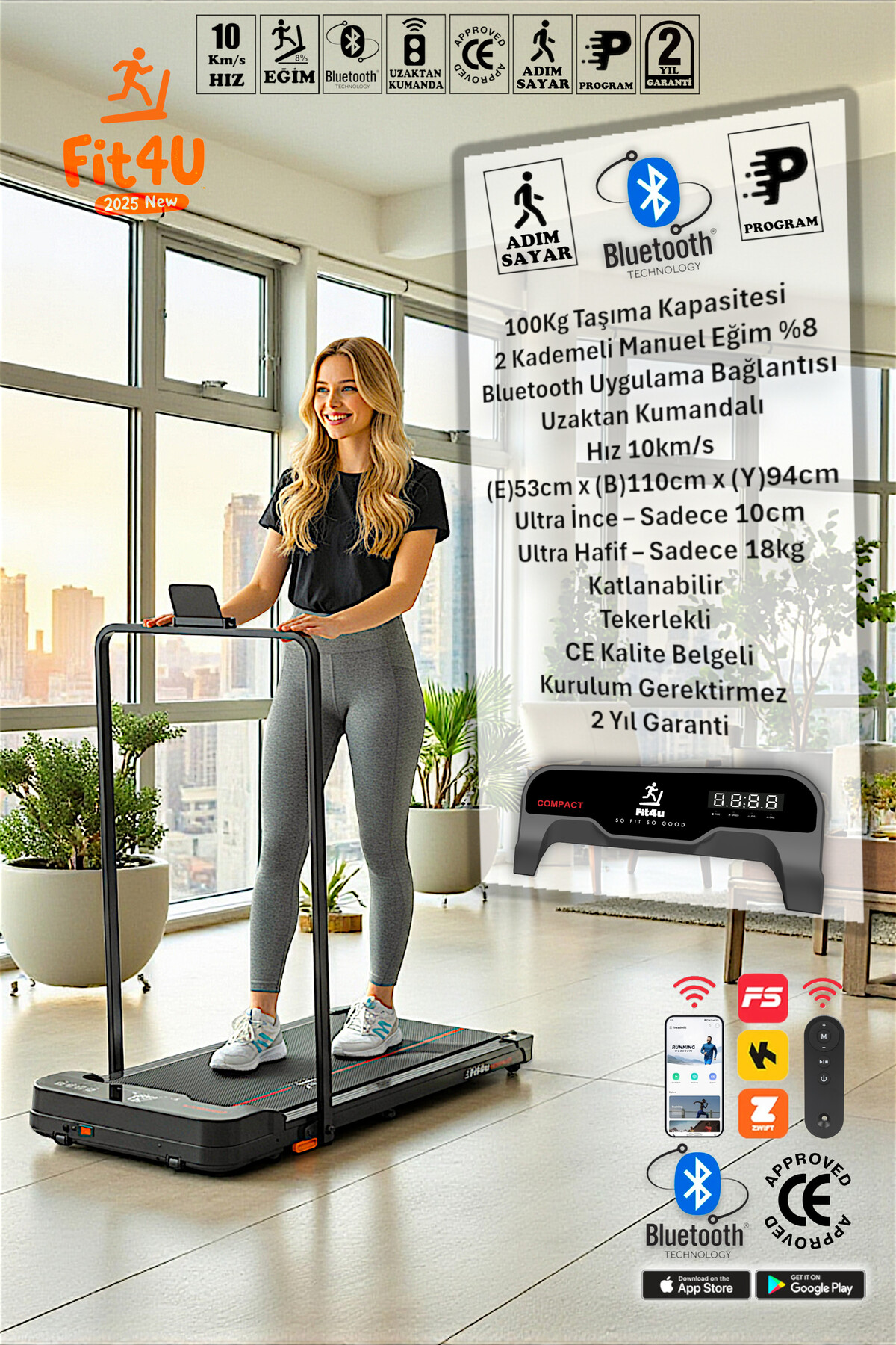 Fit4u Adımsayar, Program, Bluetooth, CE Belgeli, Eğim Ayarlı, Kumandalı ...