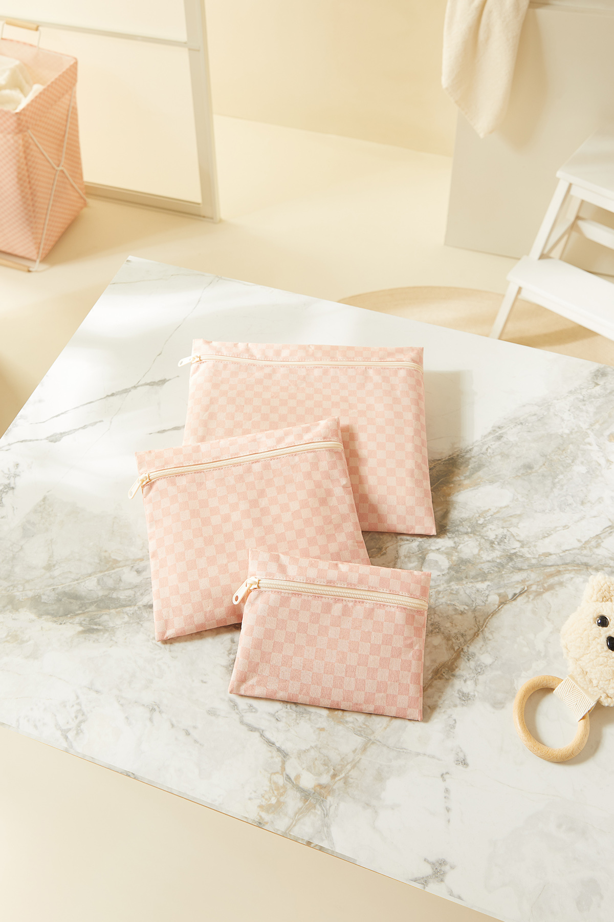 Ocean Home Textile 3'lü Su Geçirmez Pvc Astarlı Pembe Dama Desen Mayo ...
