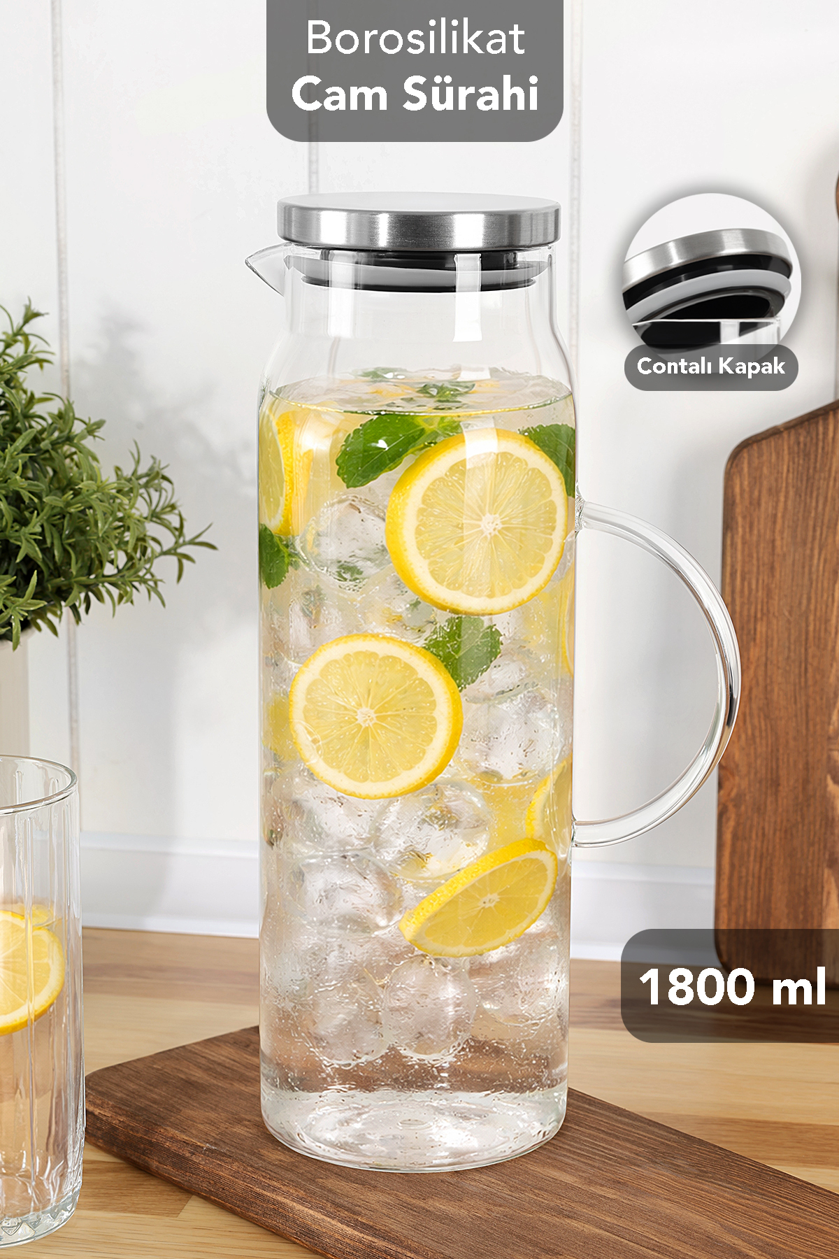 Meleni Home 1,8 Litre Borosilikat Cam Sürahi - Contalı Paslanmaz Çelik ...