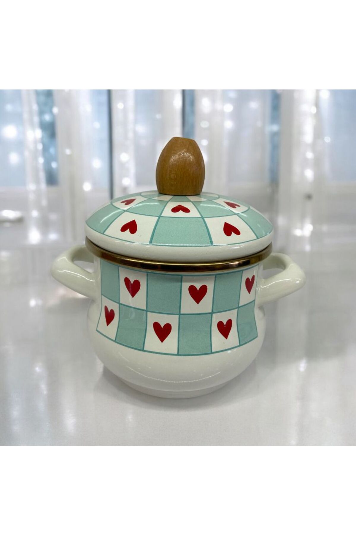ALEV EMAYE Emaye Şirin Mini Tencere 12 cm – Kalpli Desen | Ahşap detay ...