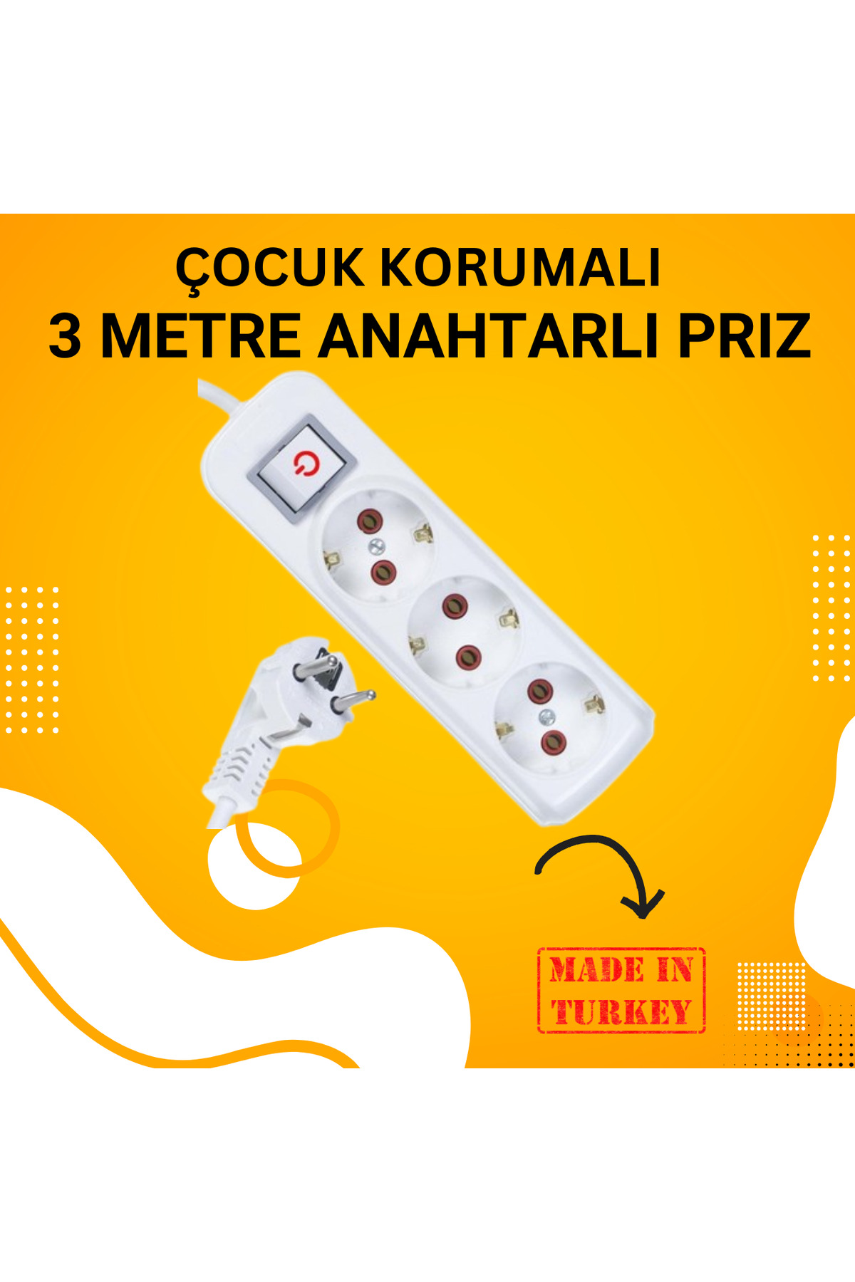 Lunitech Grup 3'lü Ara Kablo Anahtarlı Topraklı Üçlü Priz (3 METRE ...