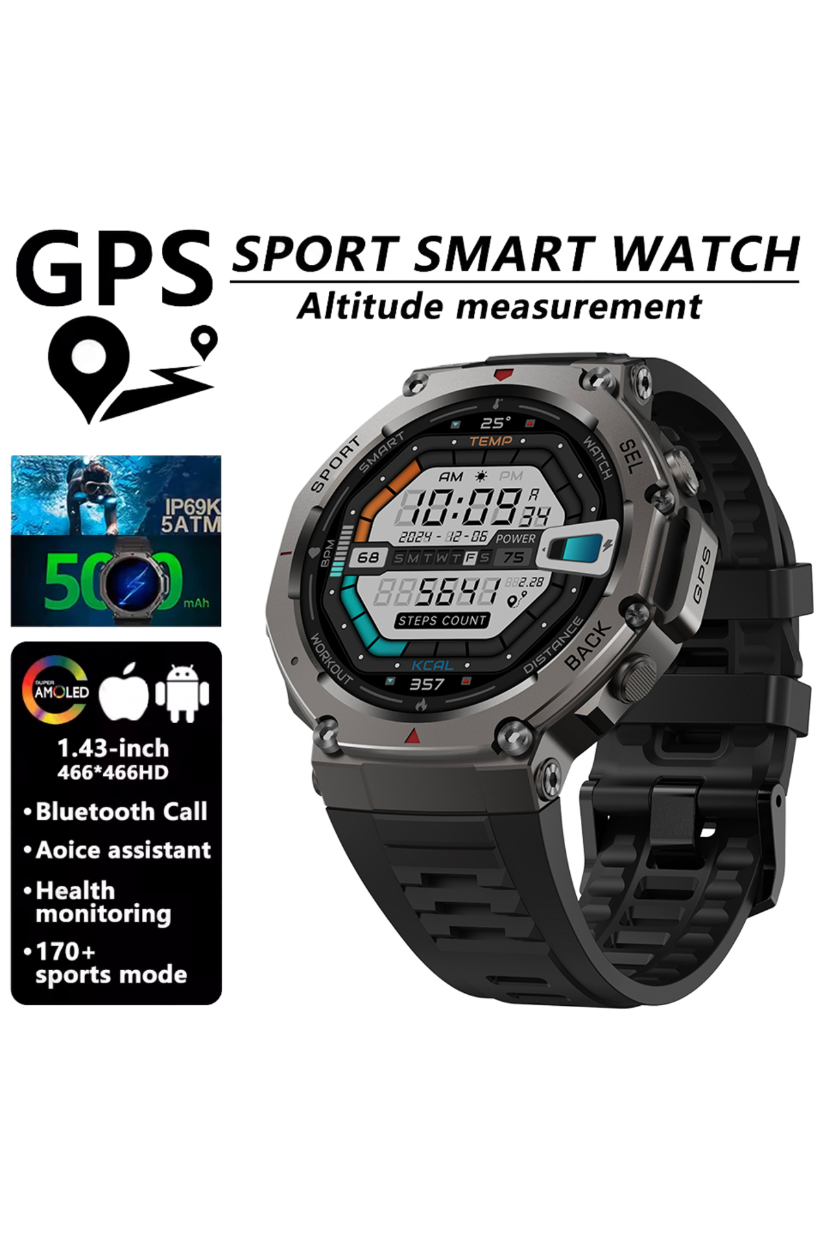 Choice Built-in GNSS Black T-Rex 3 Ultra GPS Smart Watch Bulit-in Dual ...