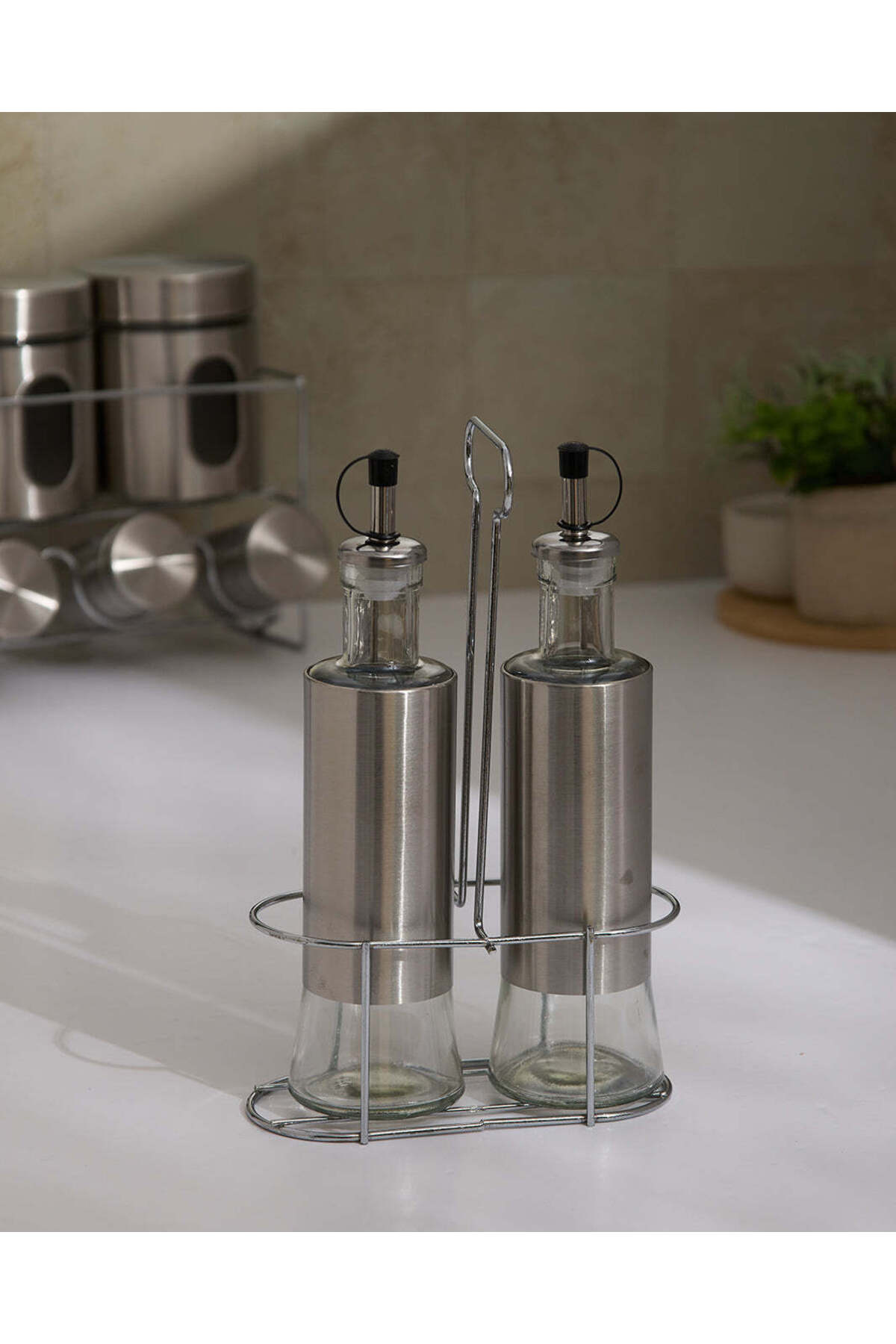 REDTAG Silver Glass Oil Bottles With Spice Jars And Metal Stand Set (3 ...