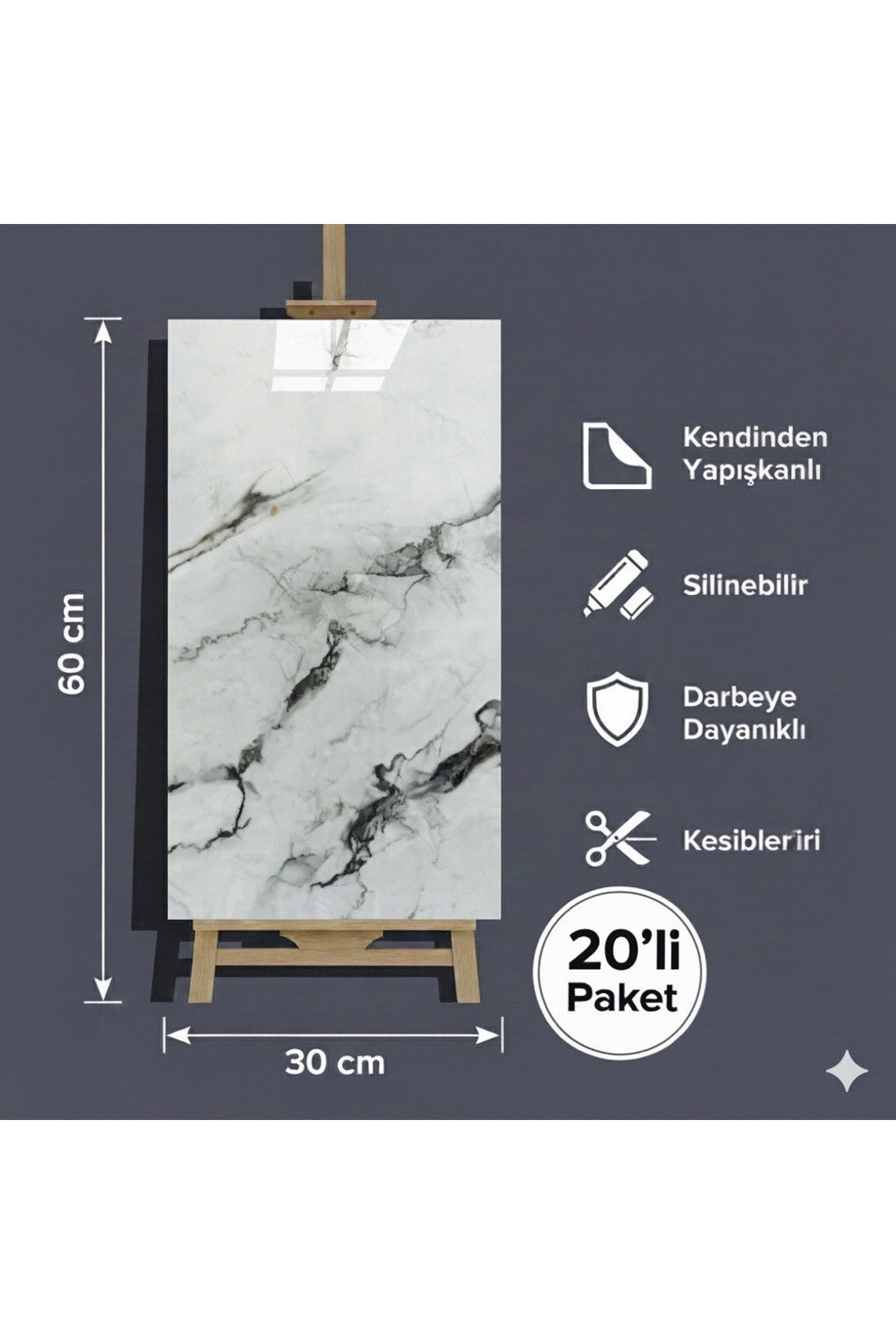 FiR&MeL Home 20’li Paket Kendinden Yapışkanlı Mermer Desen Duvar Paneli 30x60 cm Silinebilir ...