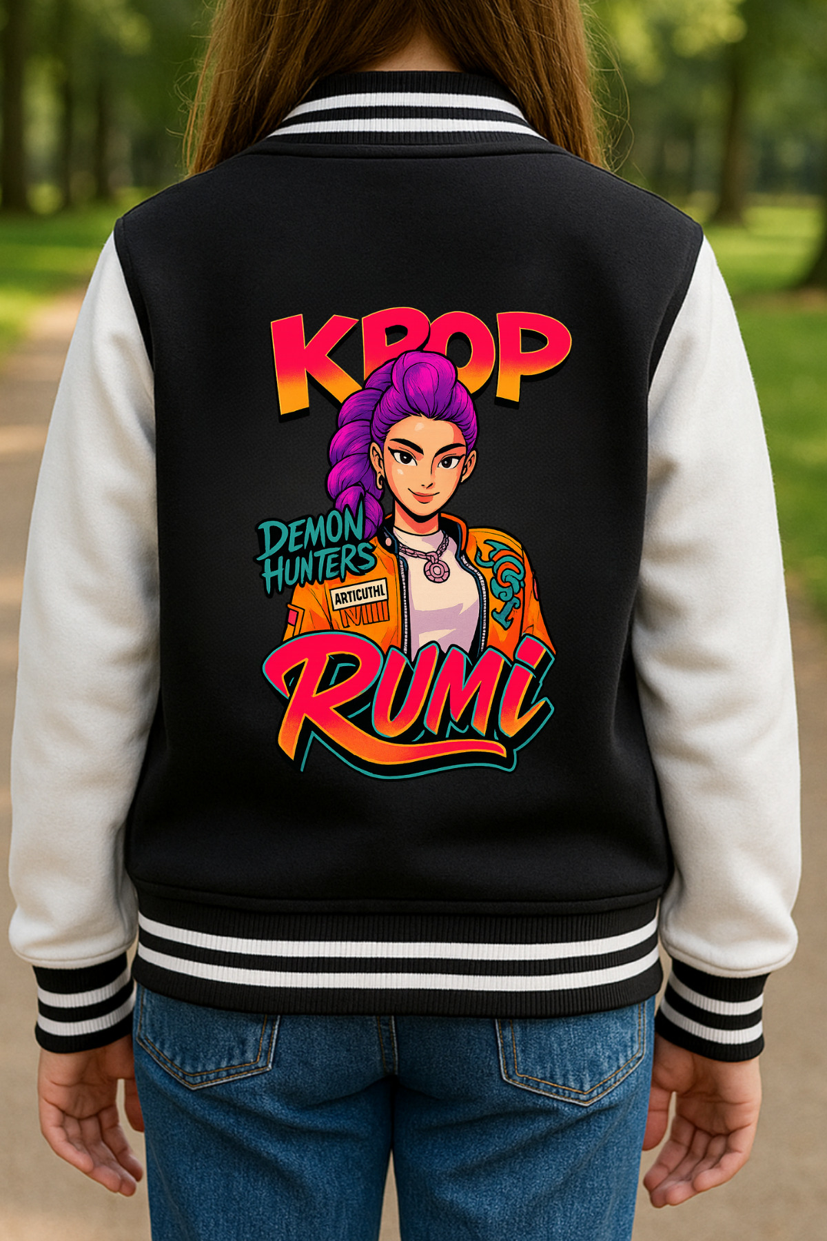 MECH BUTİK K-pop Demon Hunters Huntrix печатно черно колежанско яке ...