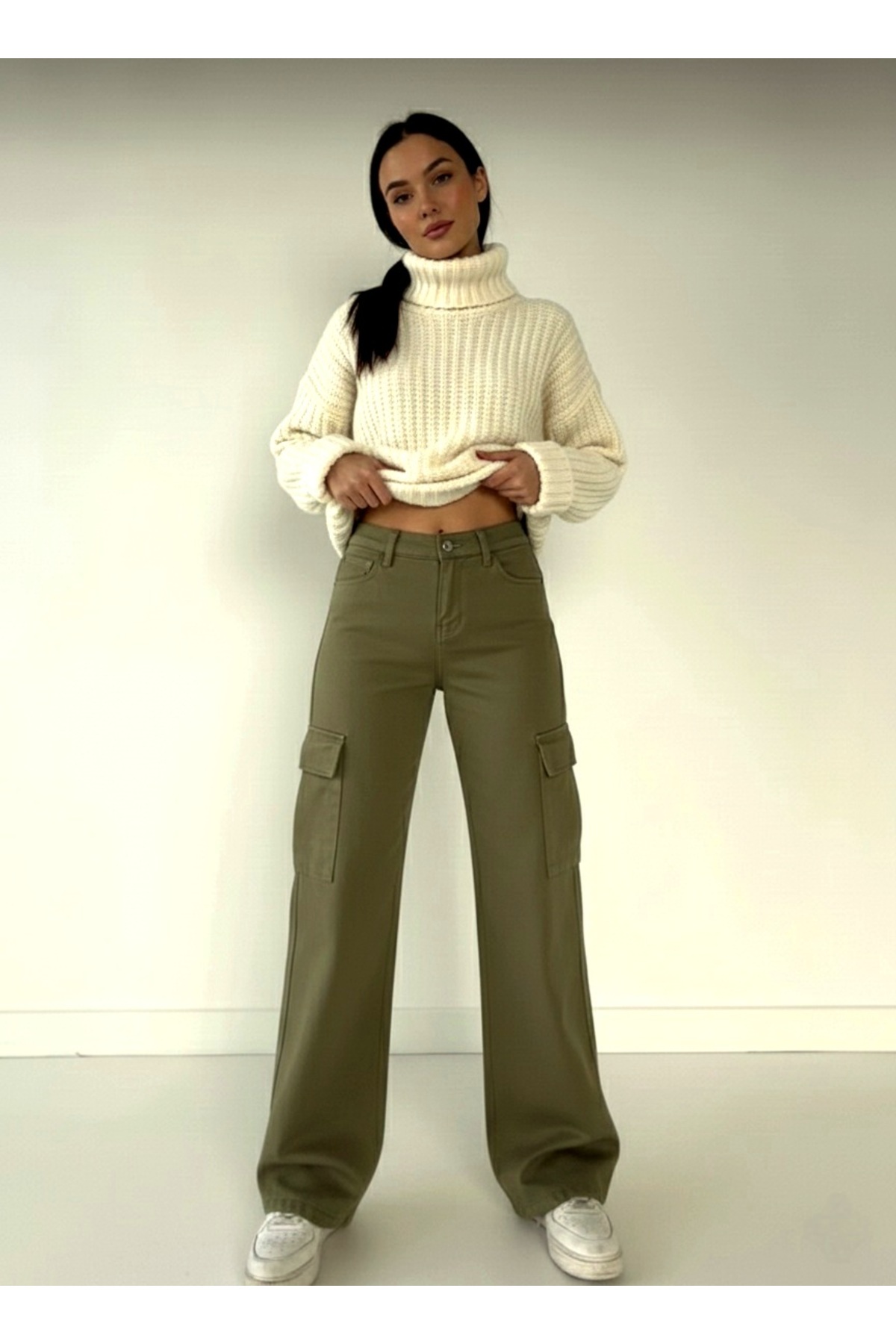 NWC Cery 90`s Likralı Salaş Kargo Arka Cepsiz Haki Yeşil Süper Yüksek ...