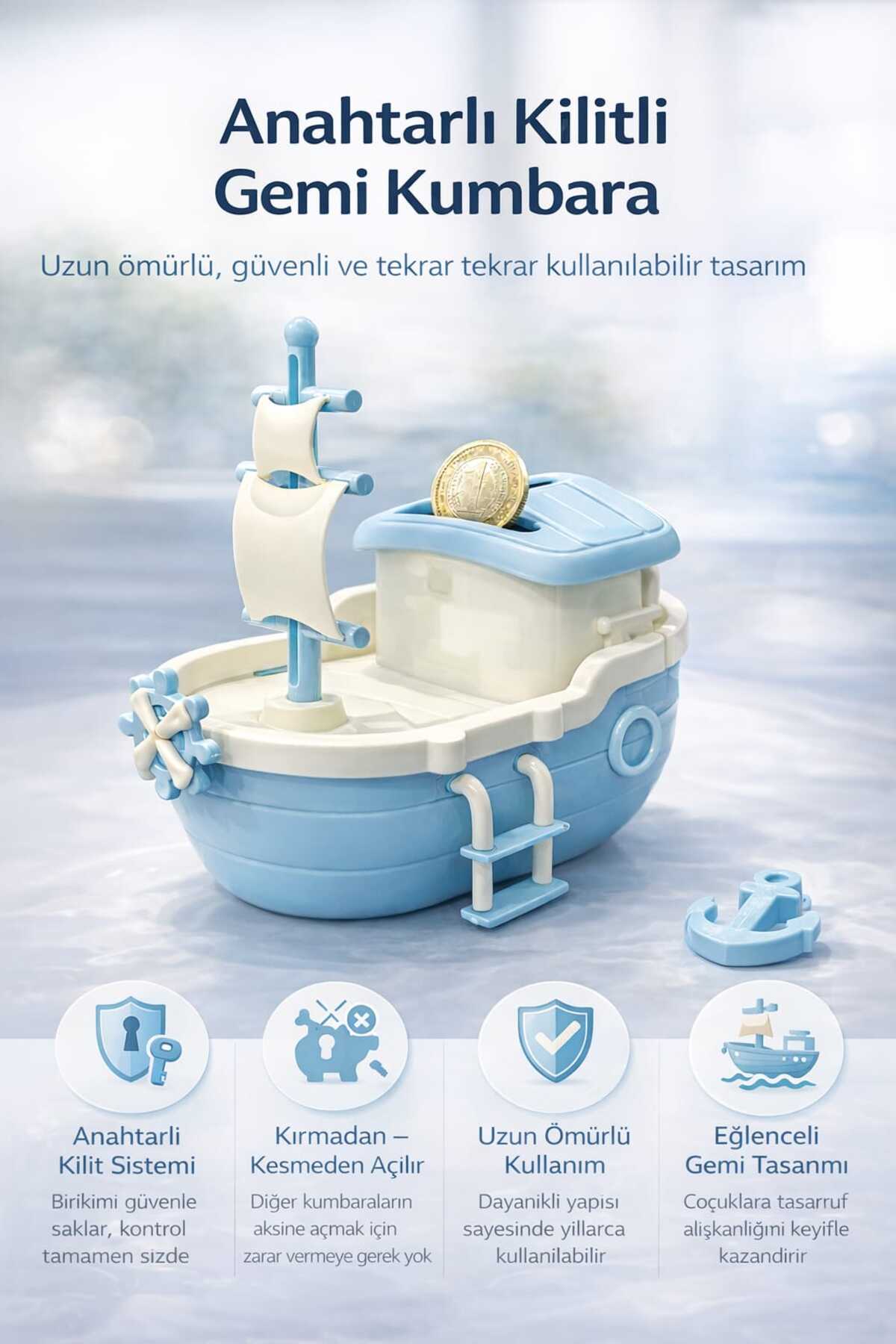 PLASTMARKET Yelkenli Gemi Çocuk Kumbarası, Büyük Boy, Anahtarlı ...