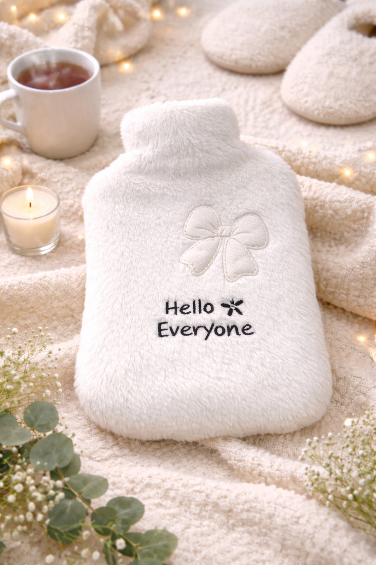 Melidya Hello Everyone Yazılı Beyaz Peluş Sıcak Su Torbası 1 Lt ...