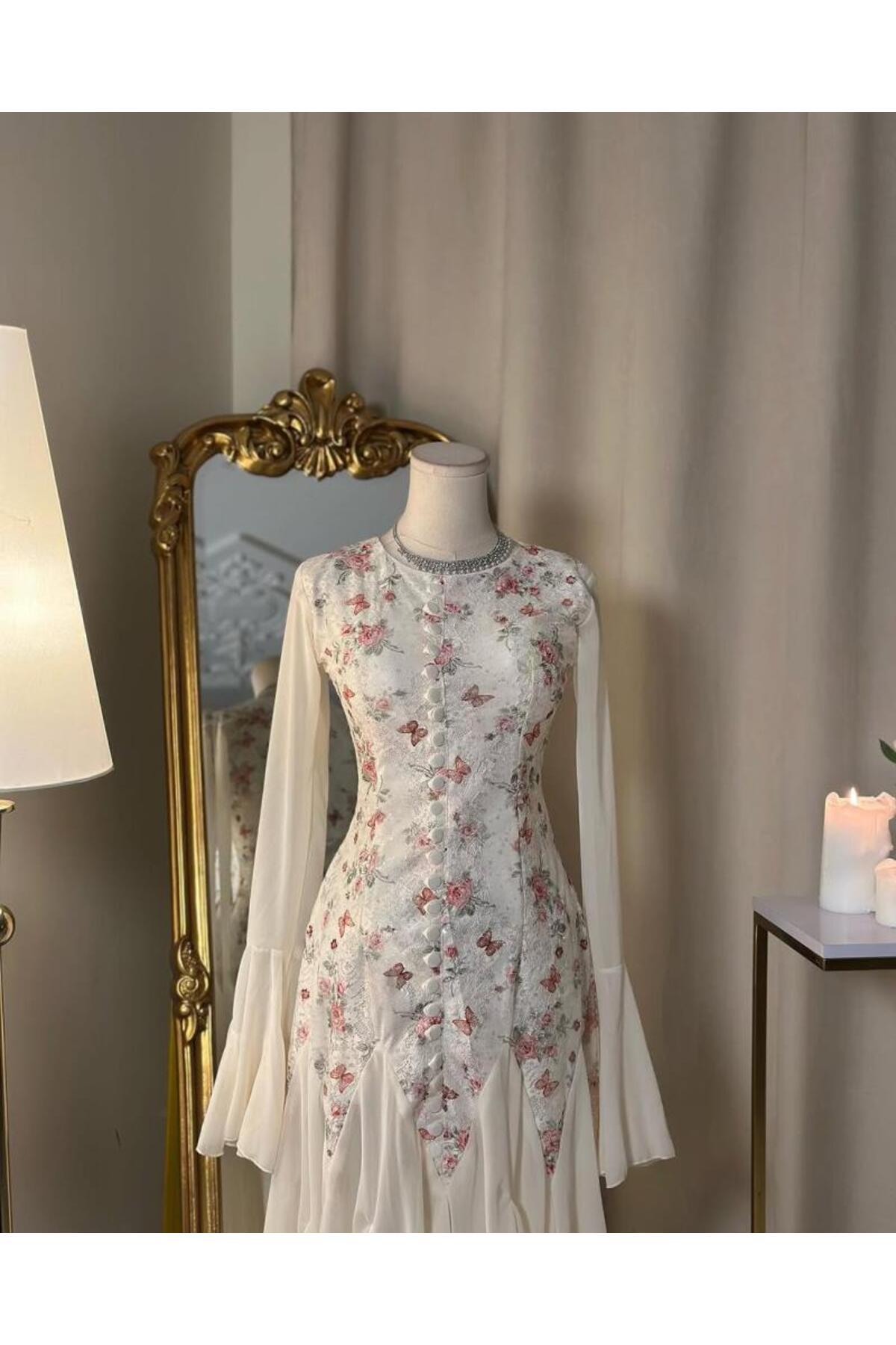 vanus fashion 5662 - فستان راقٍ بلمسات زهرية ناعمة- ترينديول