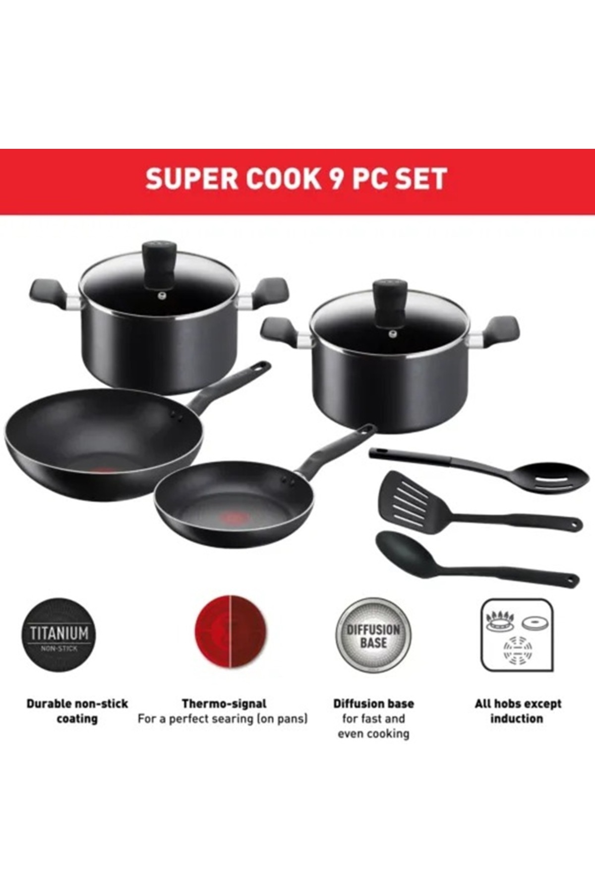 TEFAL 9-piece French cookware set with non-stick coating, black color ...