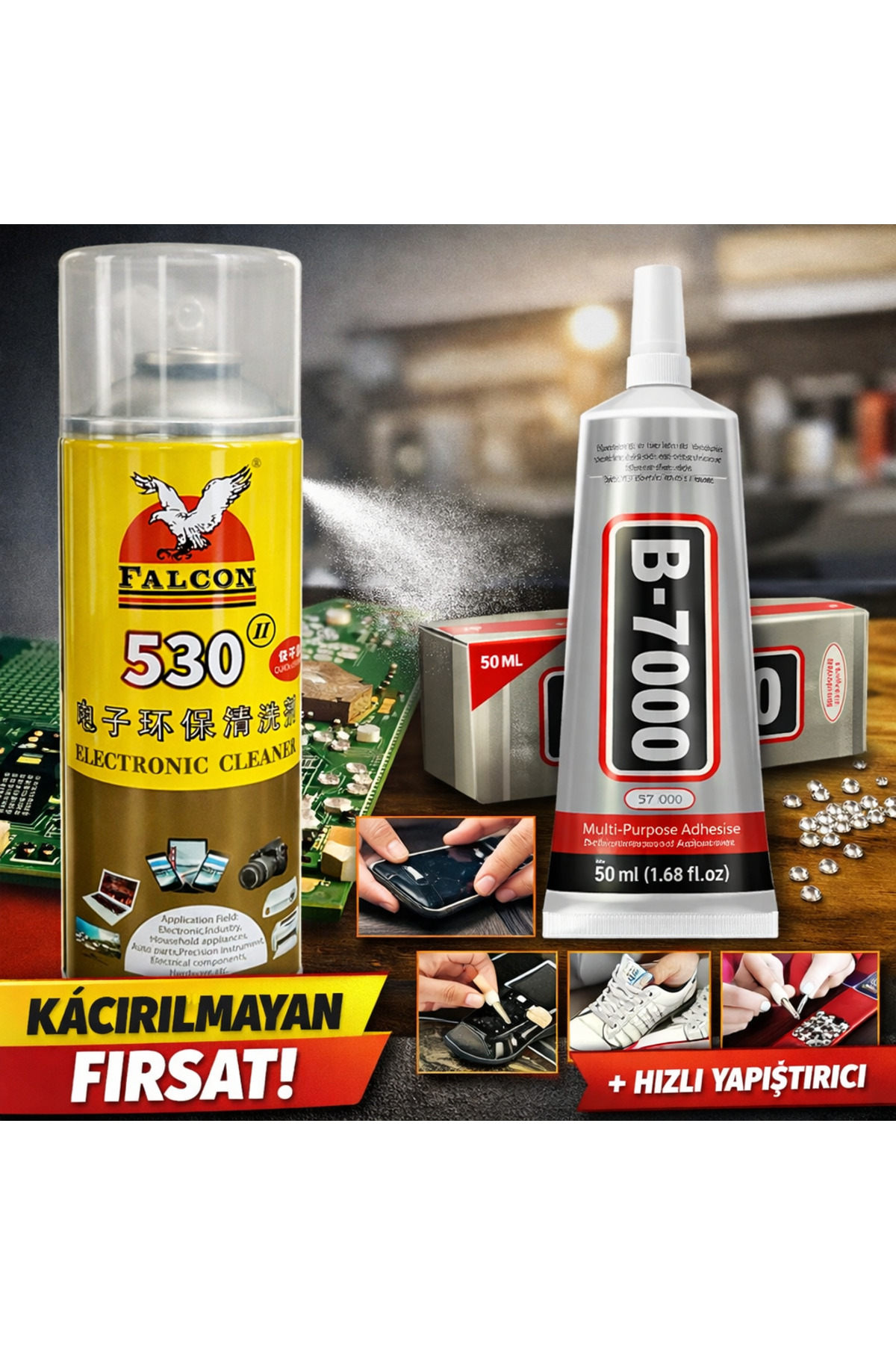 instatech Falcon 530 Kontak Sprey + B7000 50 ml Güçlü Yapıştırıcı ...