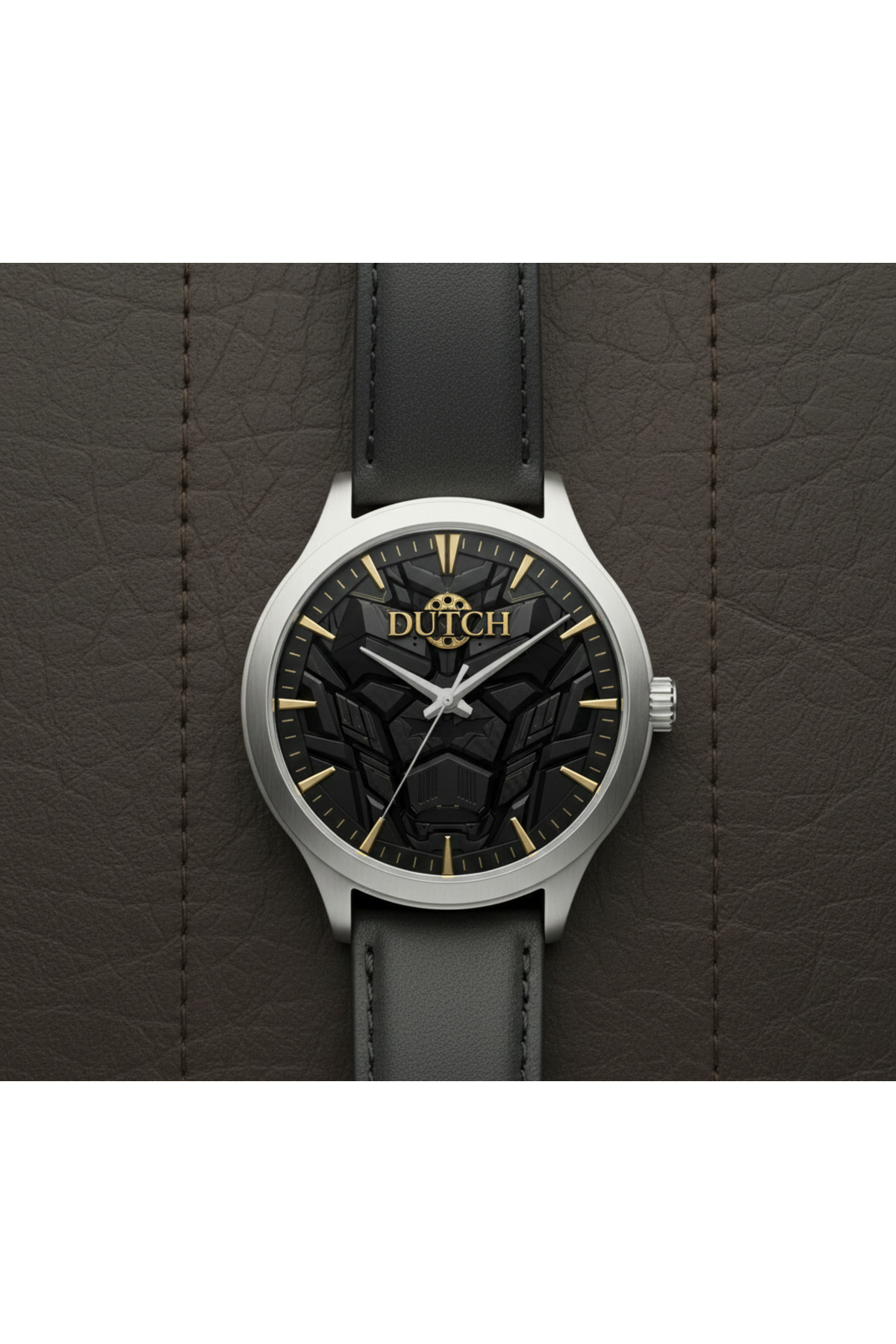 DUTCH STORE A classic watch with a silver bezel and black leather strap ...