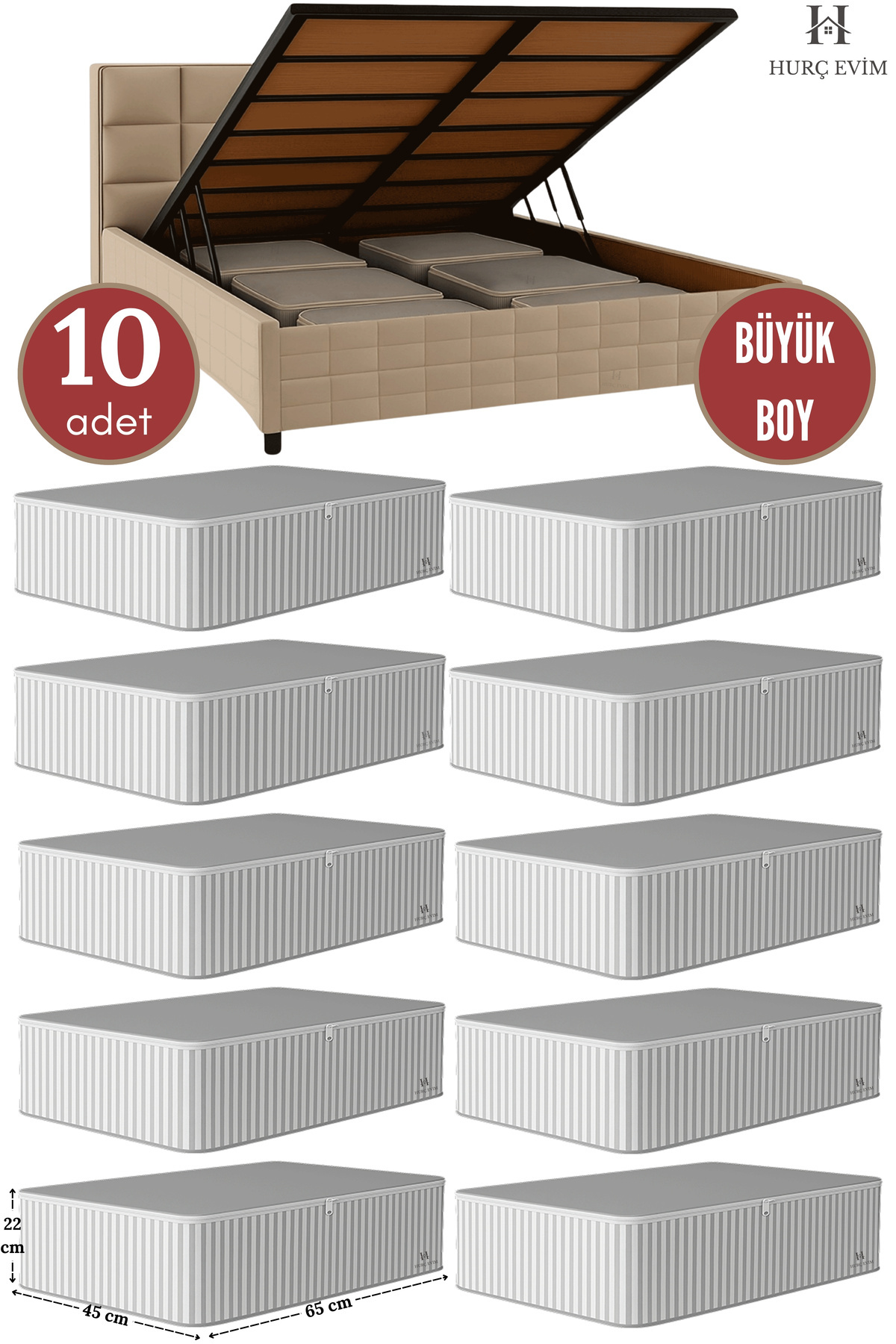 Empressco 10 Adet Antrasit Çizgili Büyük Boy Baza Altı ve Çekyat Hurç ...