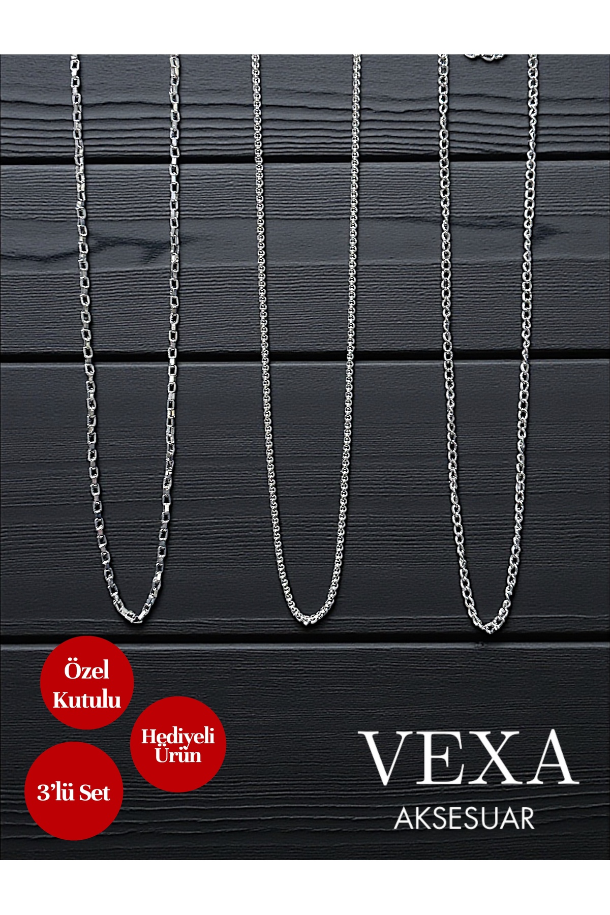 Vexa Aksesuar 3’lü Zincir Kolye Seti – Küp, Örme ve Yassı Model ...