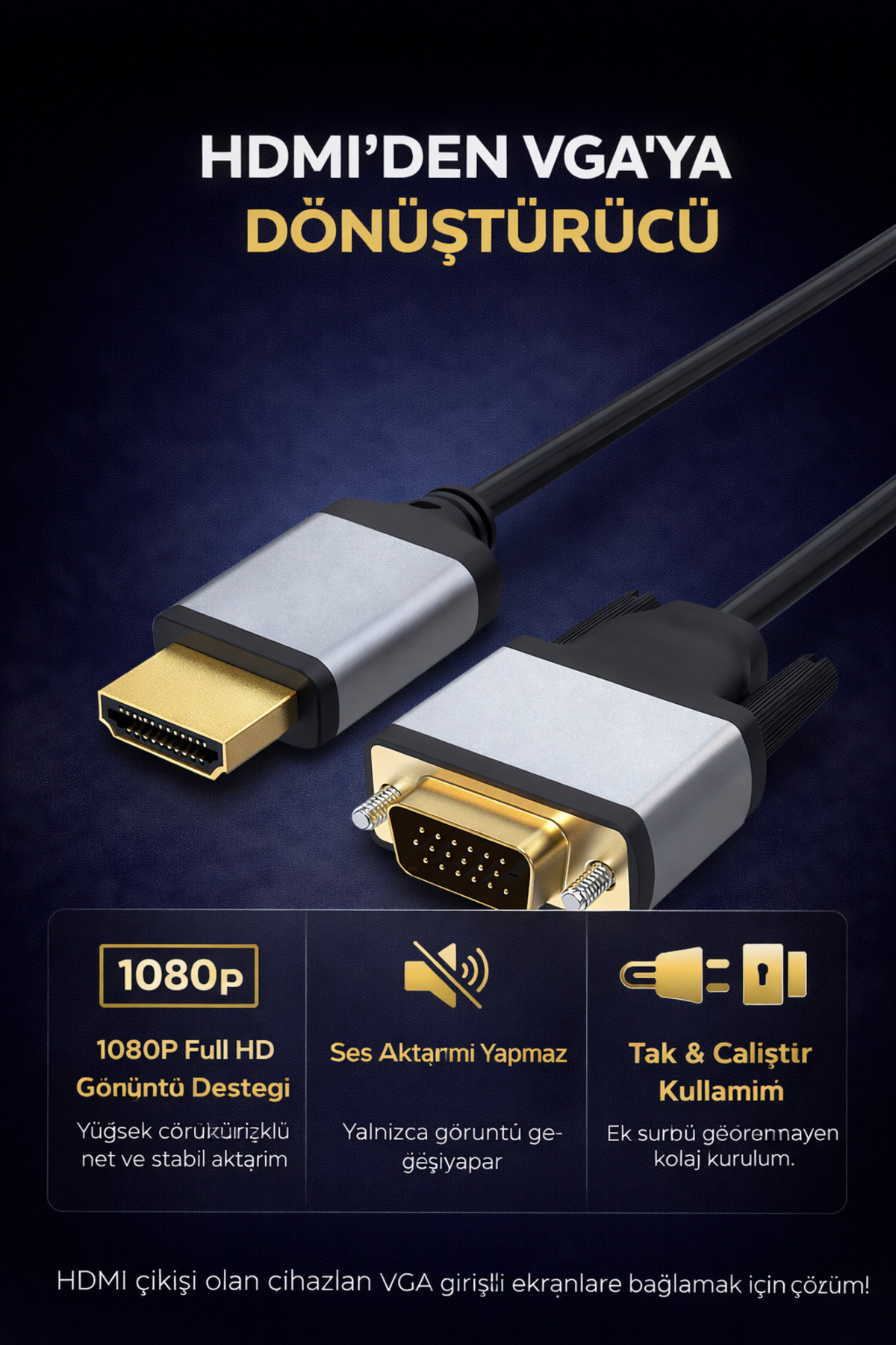 Coverzone HDMI to VGA Dönüştürücü Kablo 1080P 60Hz Full HD Monitör ...