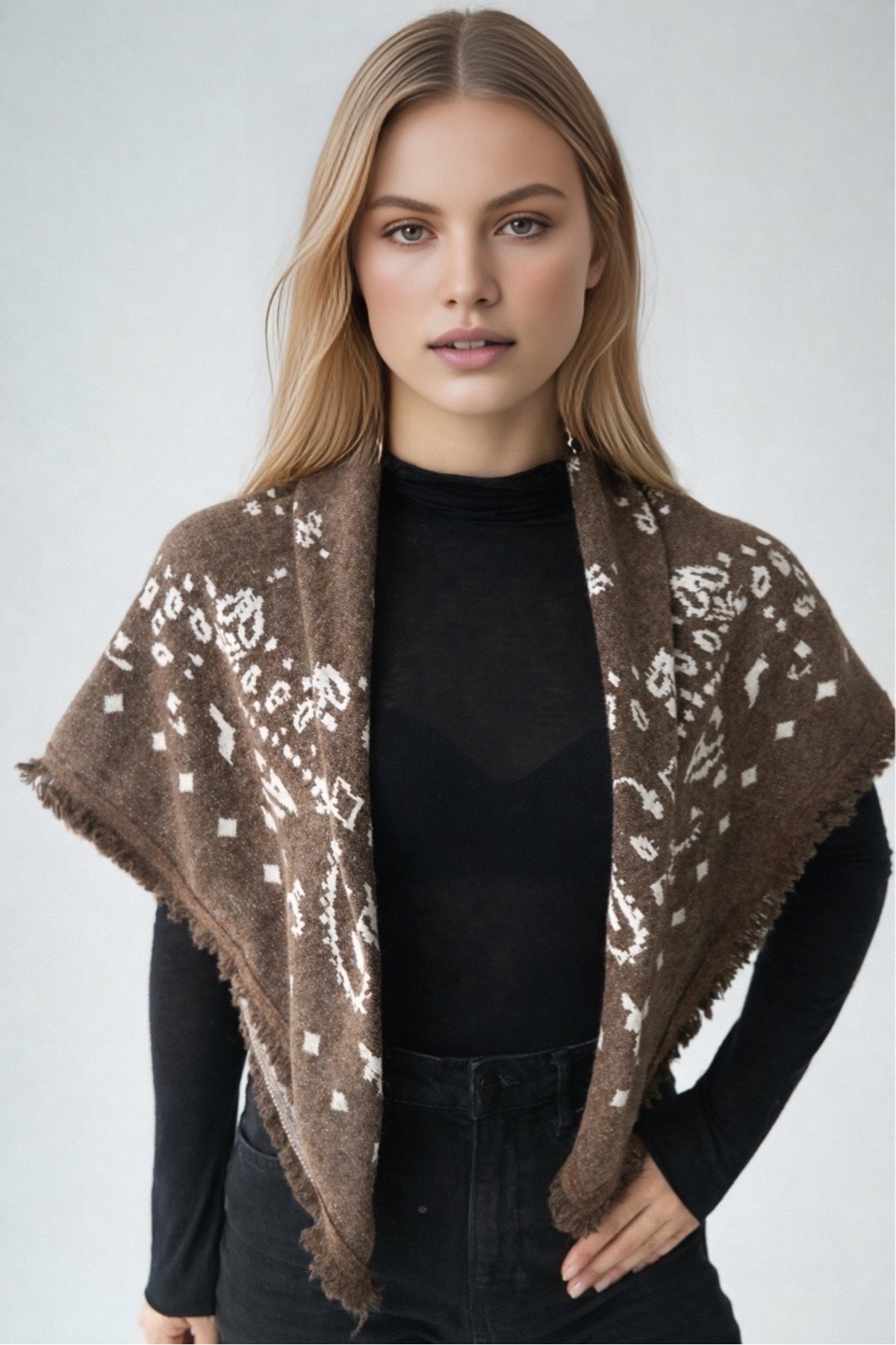 LOOSH Kadın Kahve Püskül Detaylı Şal Desenli Atkı - Fiyatı, Yorumları