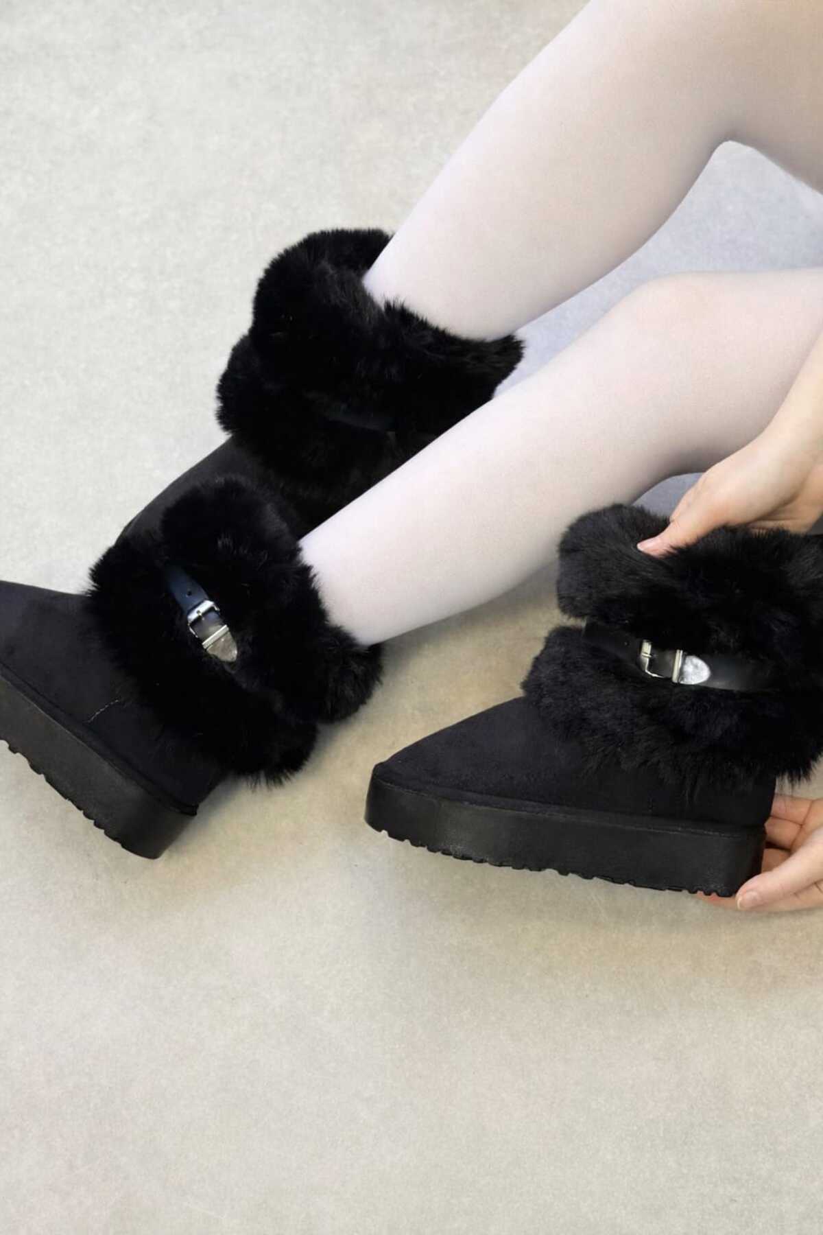 POTEEN Cizme scurte din shearling pentru femei Dobra P308-Negru- Trendyol