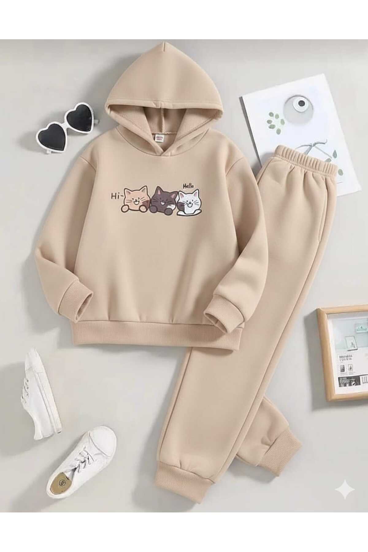 Nice Clothes Çoçuk Eşofman Takımı Kapşonlu UNİSEX ( 3 KEDİ BASKI ...