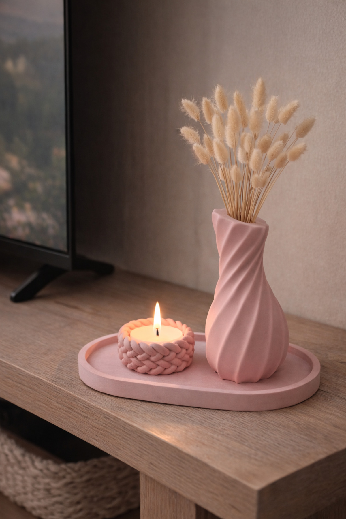 R ROZELLA Aura Soft Pink Dekoratif Tepsili Set | Mum & Spiral Mini Vazo ...