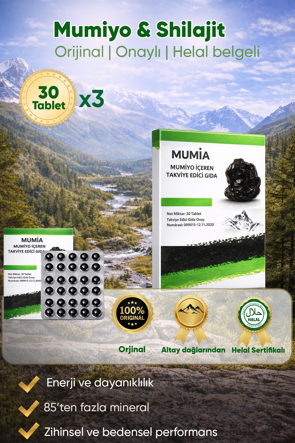 MUMİA MUMİYO İÇEREN TAKVİYE EDİCİ GIDA Mumiyo & Shilajit 30 Tablet X 3 ...