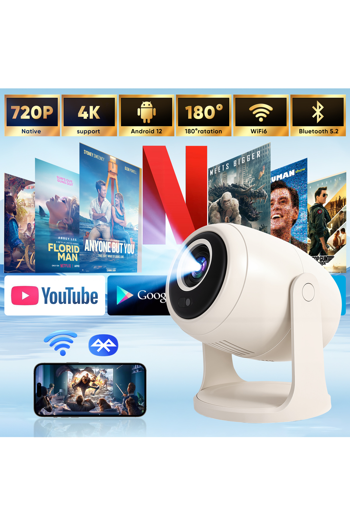 AOC Mini Projector | 4K/720P | 230 ANSI | WiFi6 BT5.0 | Android12 | 180 ...