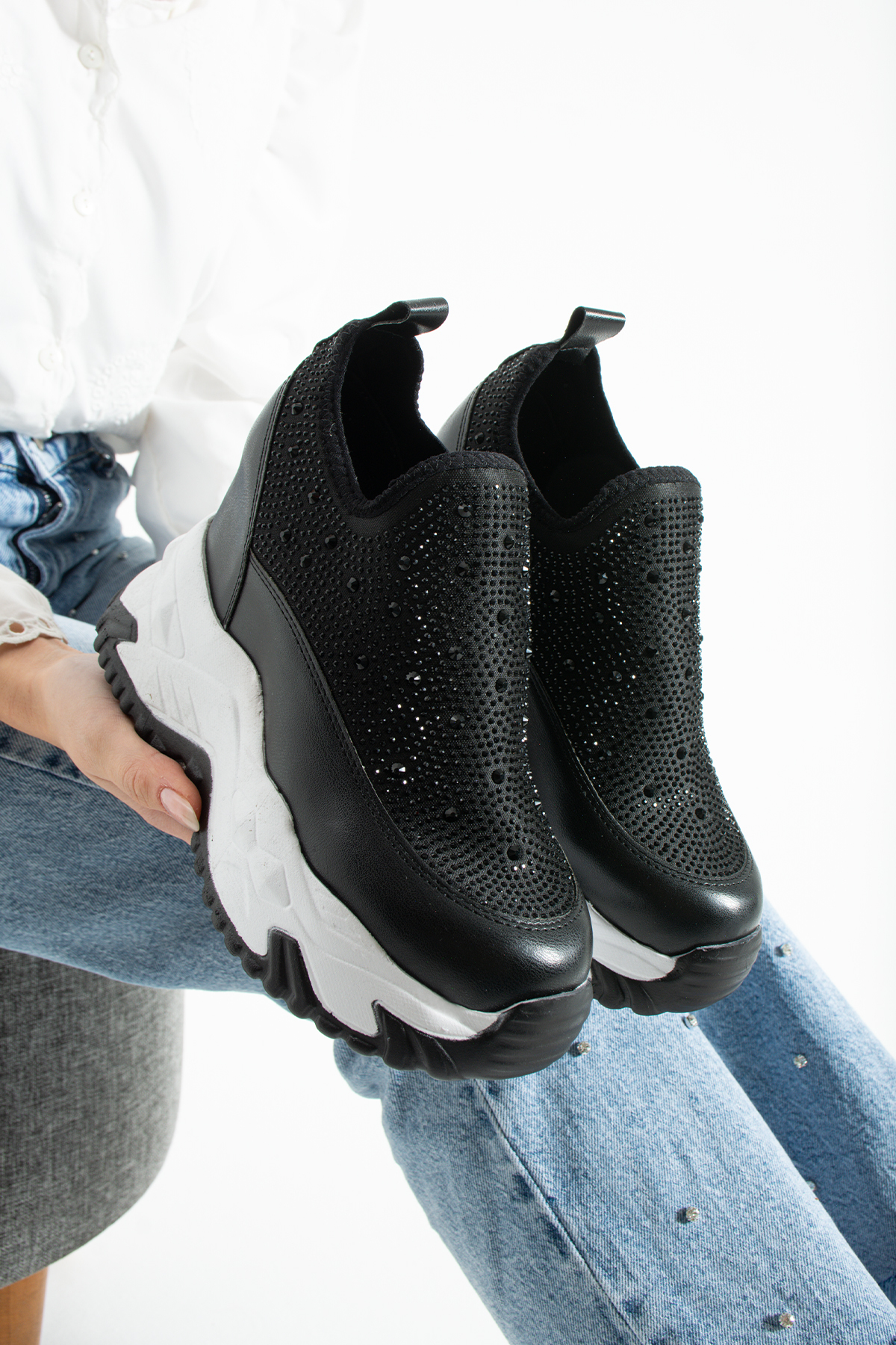 dabab shoes OLIVIA Siyah Taş Detaylı 10 cm Gizli Topuk Platform Slip-On ...