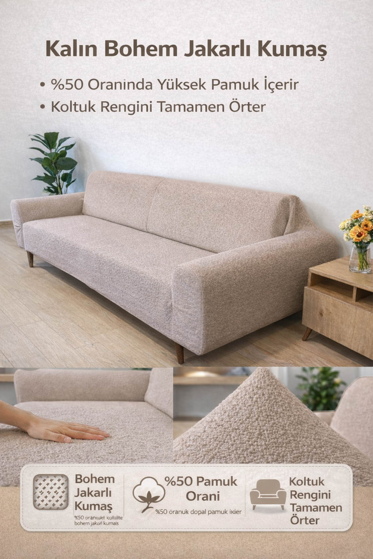 Faiend Bukel Cotton 3-Person Mink Sofa Cover | Еластичен калъф за стол ...