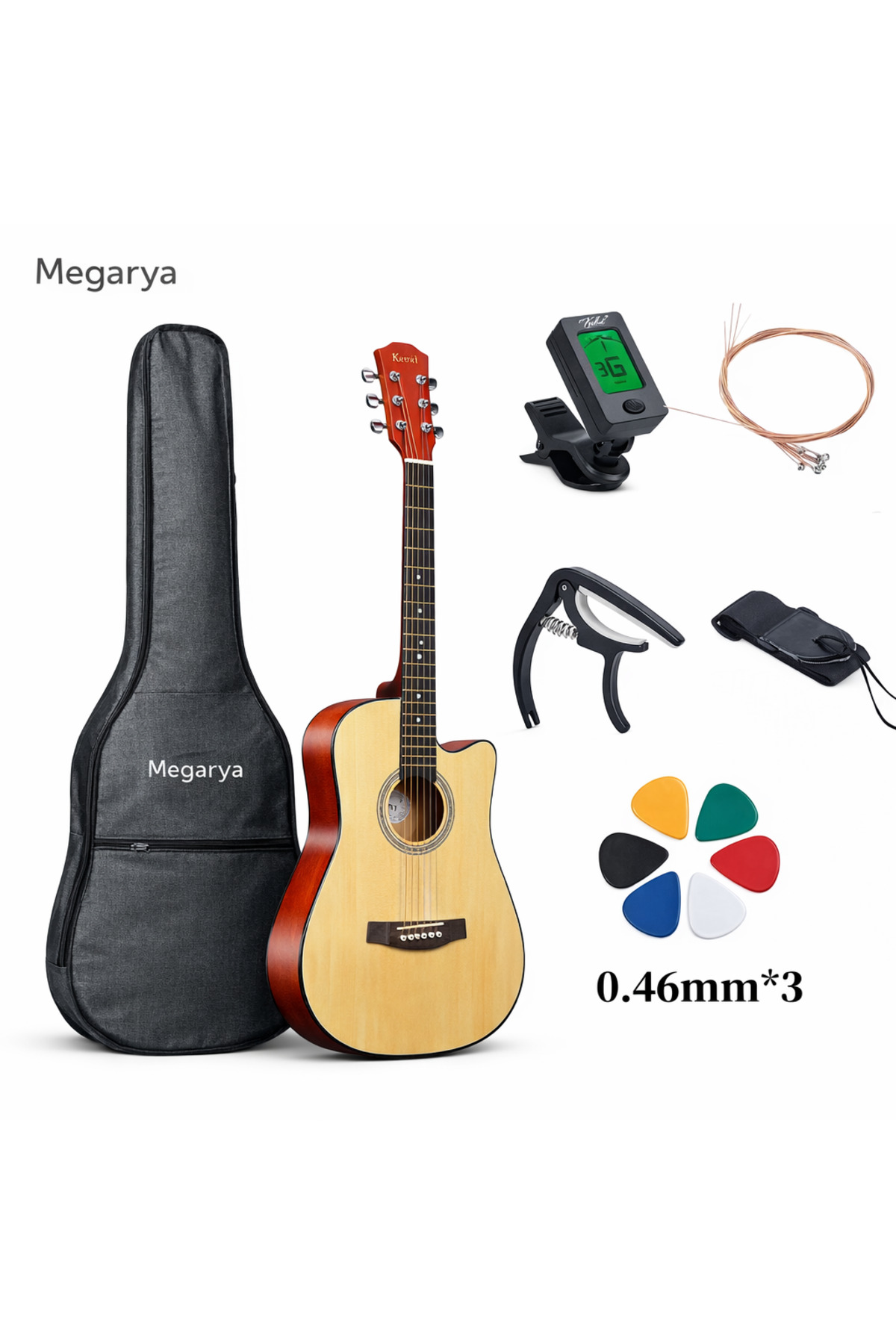 MegArya 38 Inch Acoustic Guitar Natural | Guitar Combo with Tuner ...