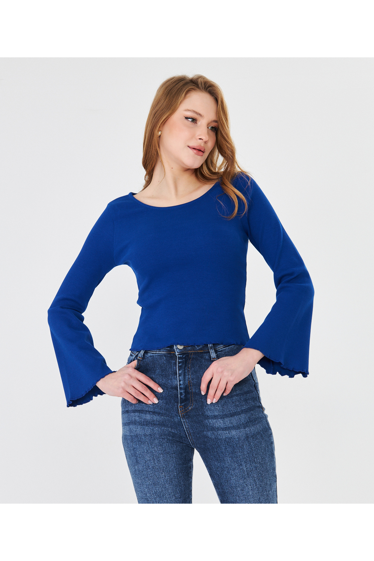 Avones Women's Wide Round Neck Bebe Overlock Detailed Ribbed Knit Long ...