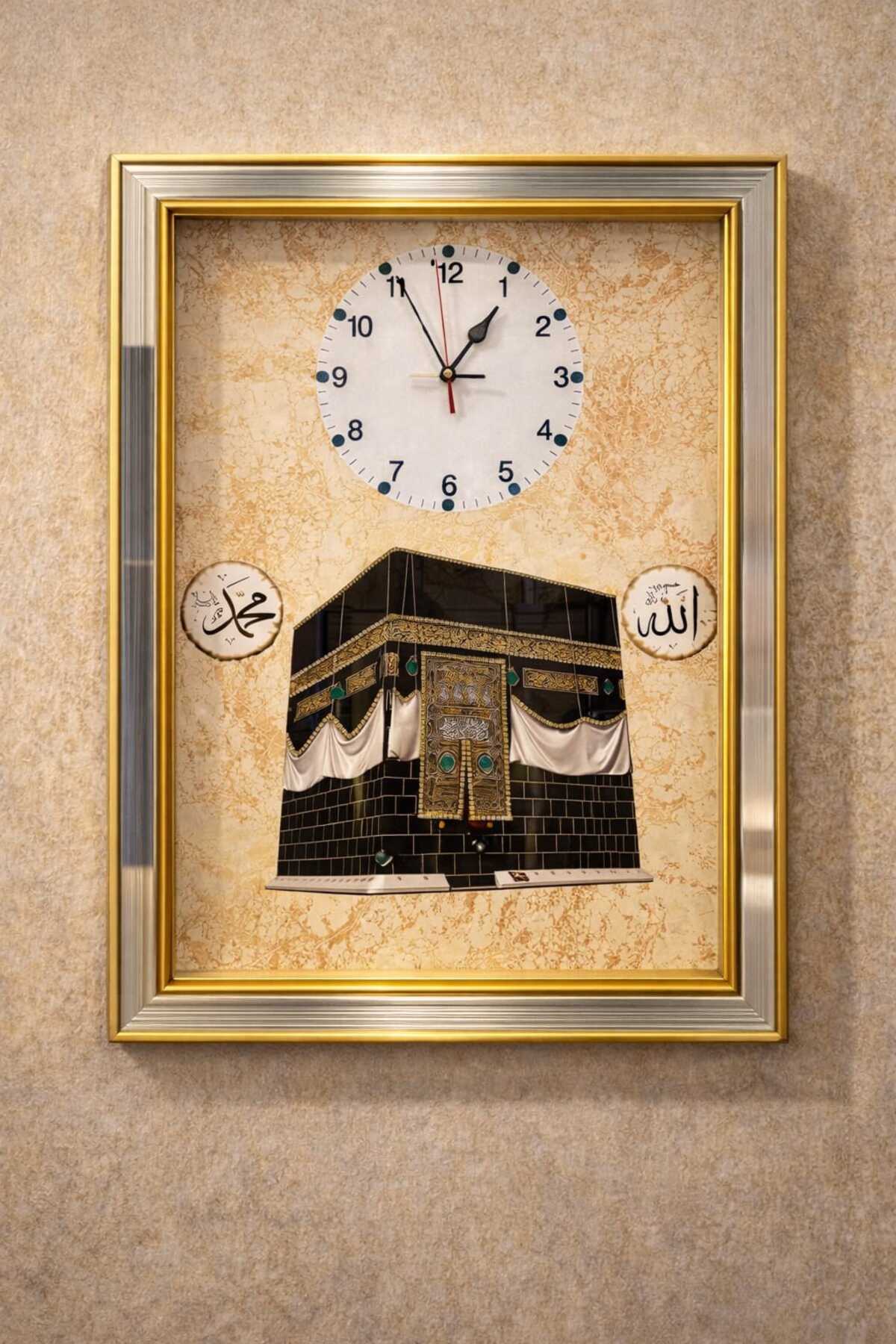 Turkish Home Gold Kâbe Manzaralı İslami Temperli Cam Tablo Saat ...