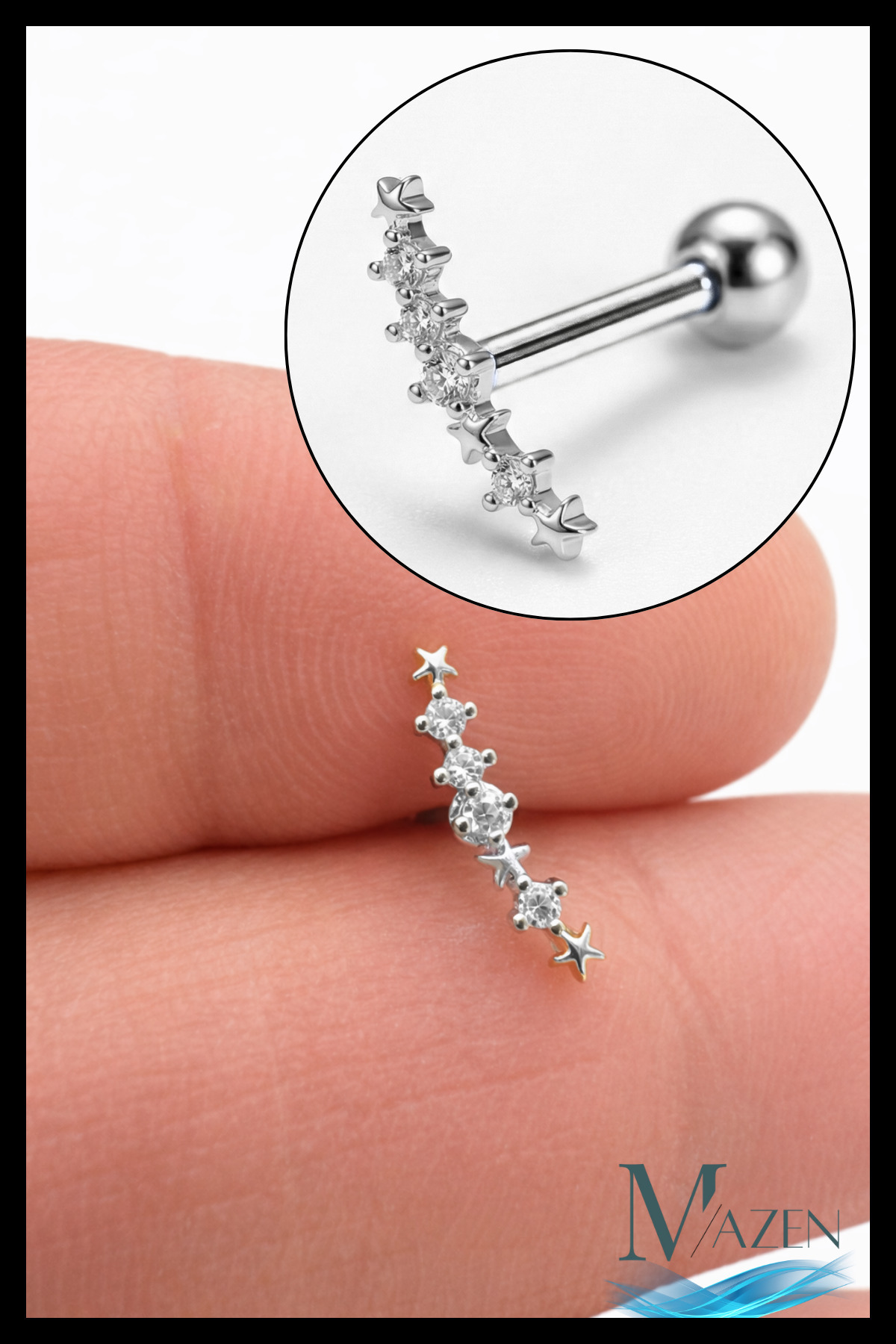 MAZEN Yıldızlı Zirkon Taşlı Tragus Helix Piercing | Kavisli Figür ...