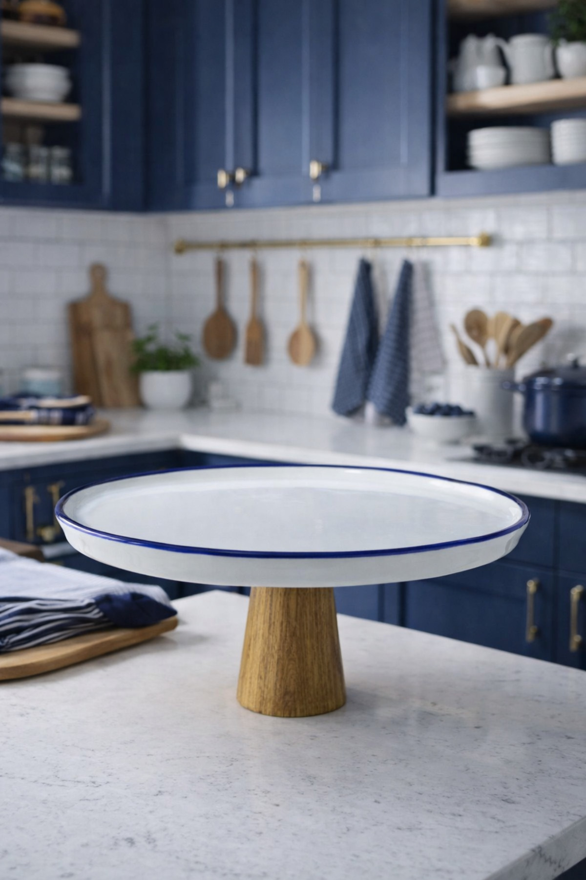 Evila Ahşap Ayaklı Porselen Sunumluk – Lacivert Kenar Detaylı Pasta ...