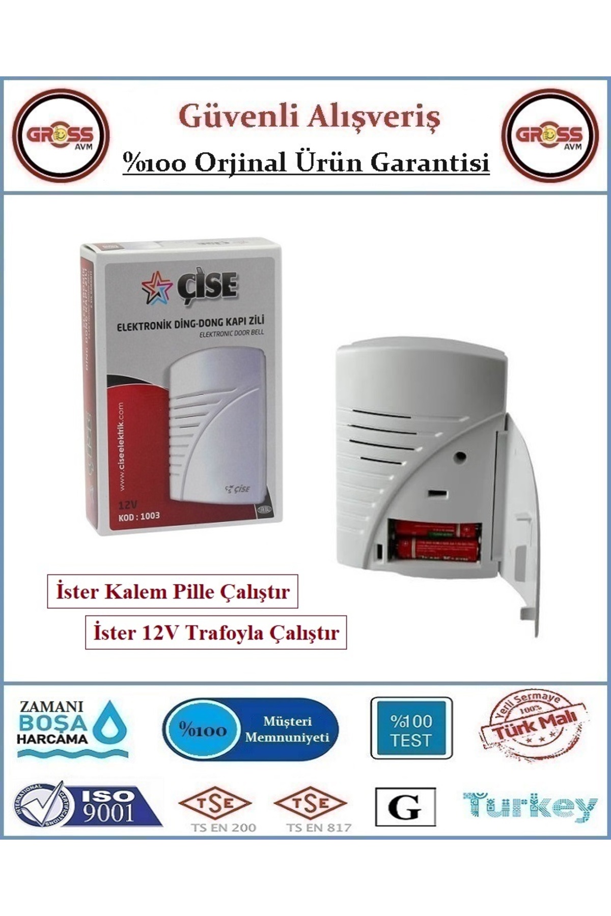 ÇİSE Ding Dong Kapı Zili - İster Kalem Pille Çalıştır - İster 12V Trafo ...
