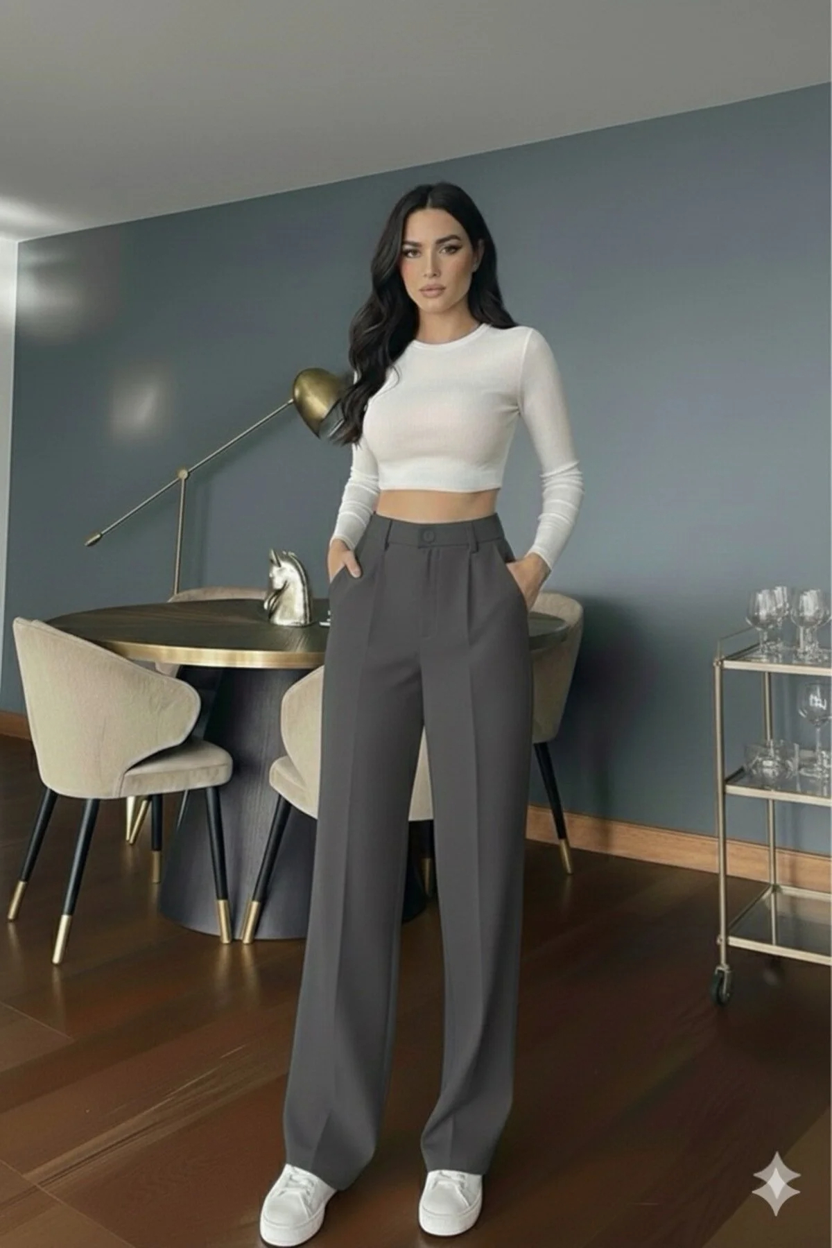 BENAHOLL Kadın Gri Yüksek Bel Palazzo Pantolon Pileli Düğme Detaylı Bol ...