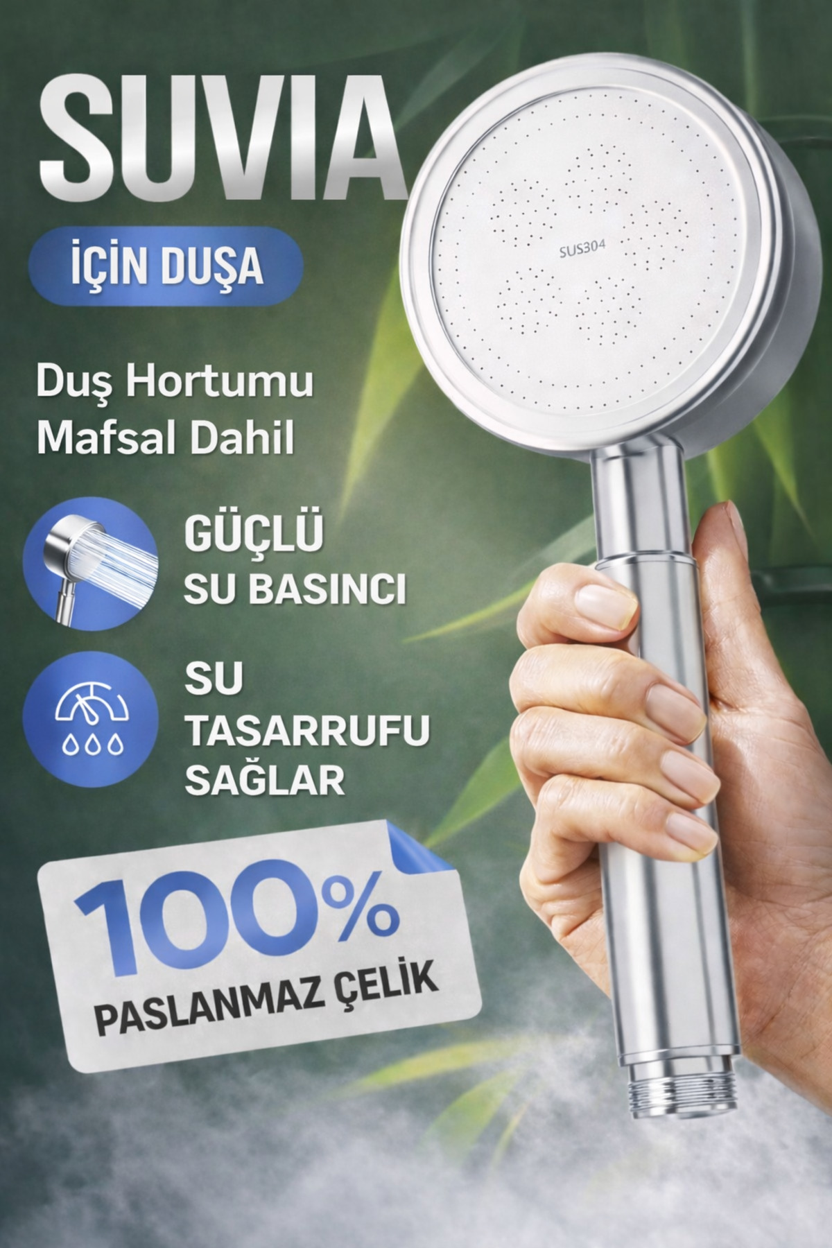 SUVİA Paslanmaz Çelik Duş Başlığı Seti, Güçlü Basınçlı, Su Tasarruflu ...