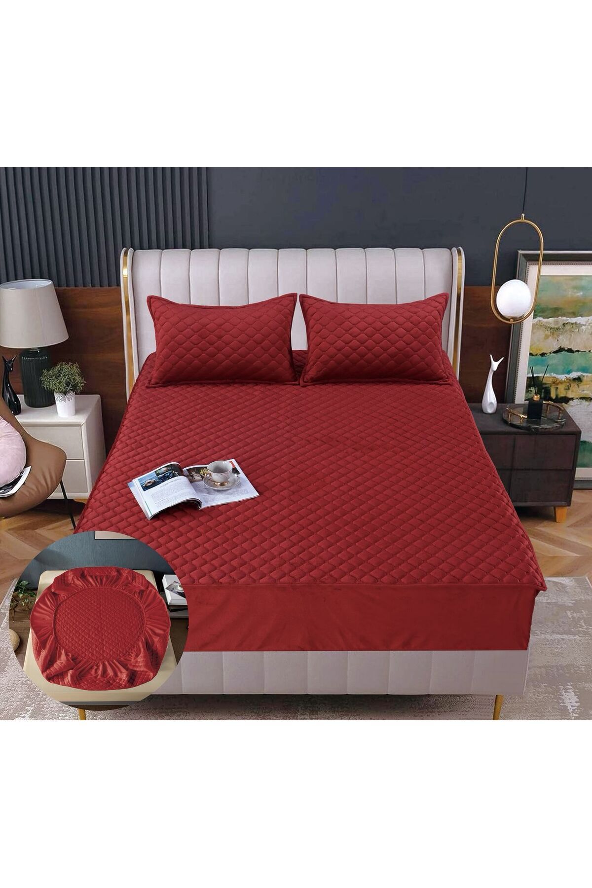 Truva Grup Husă de Pat din Catifea Tip Topper 160x200 cm + 2 Fețe de ...