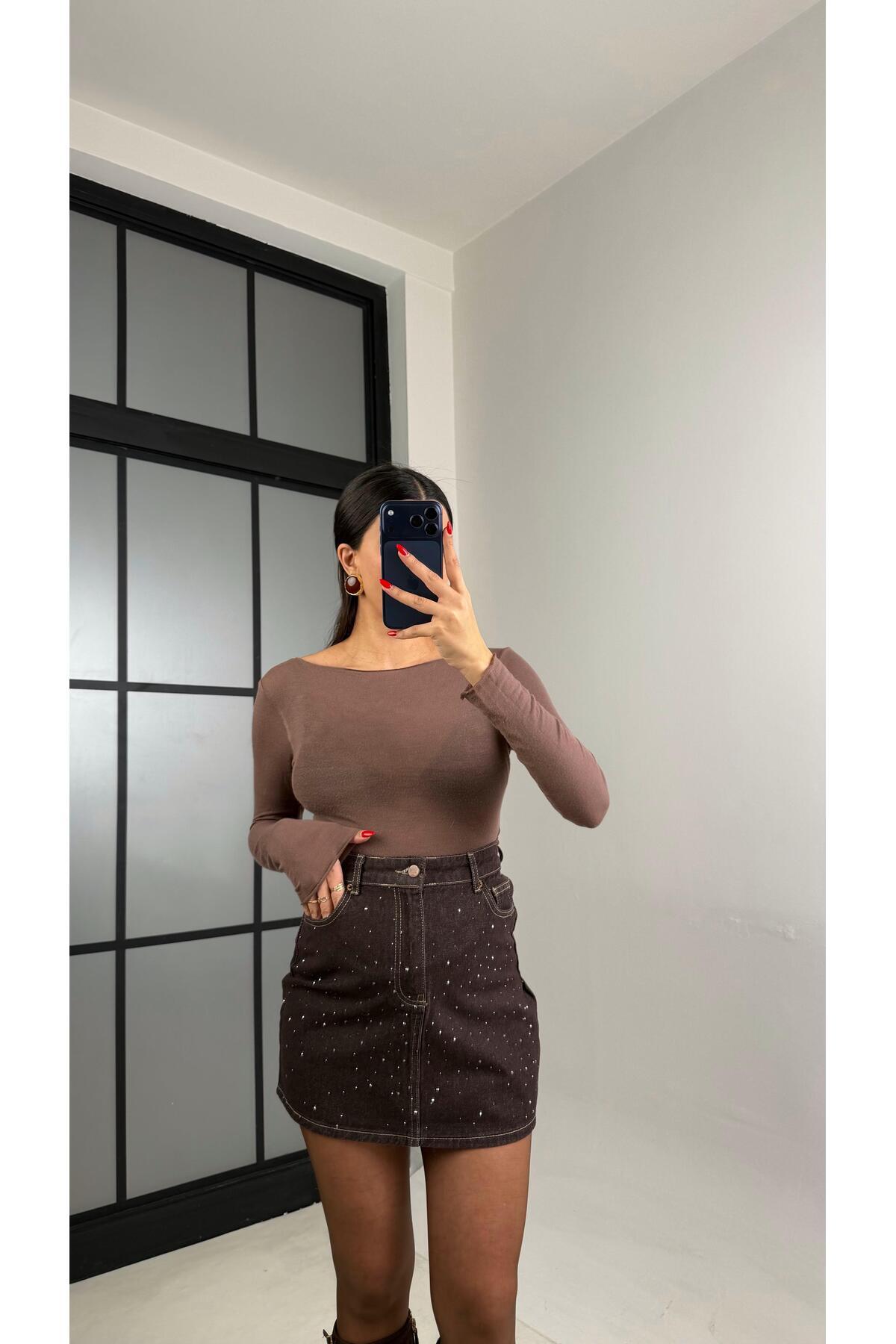 Gaus Kahve Taşlı Mini Denim Etek GAUS-01041 - Fiyatı, Yorumları
